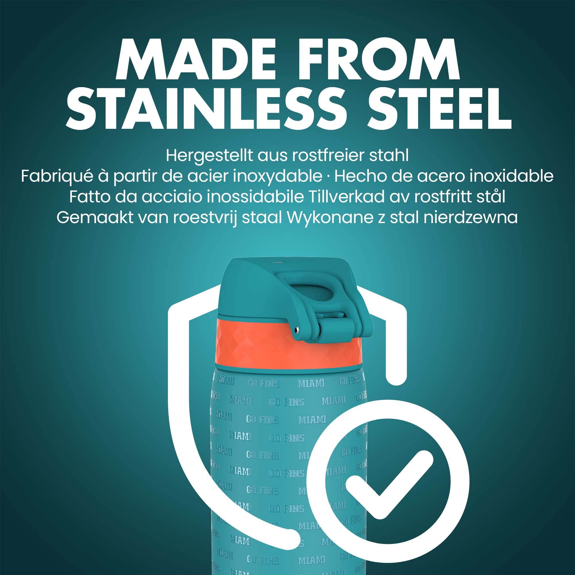 Ion8 Leak Proof Slim Water Bottle, Stainless Steel, NFL Dolphins, 600ml (20oz)