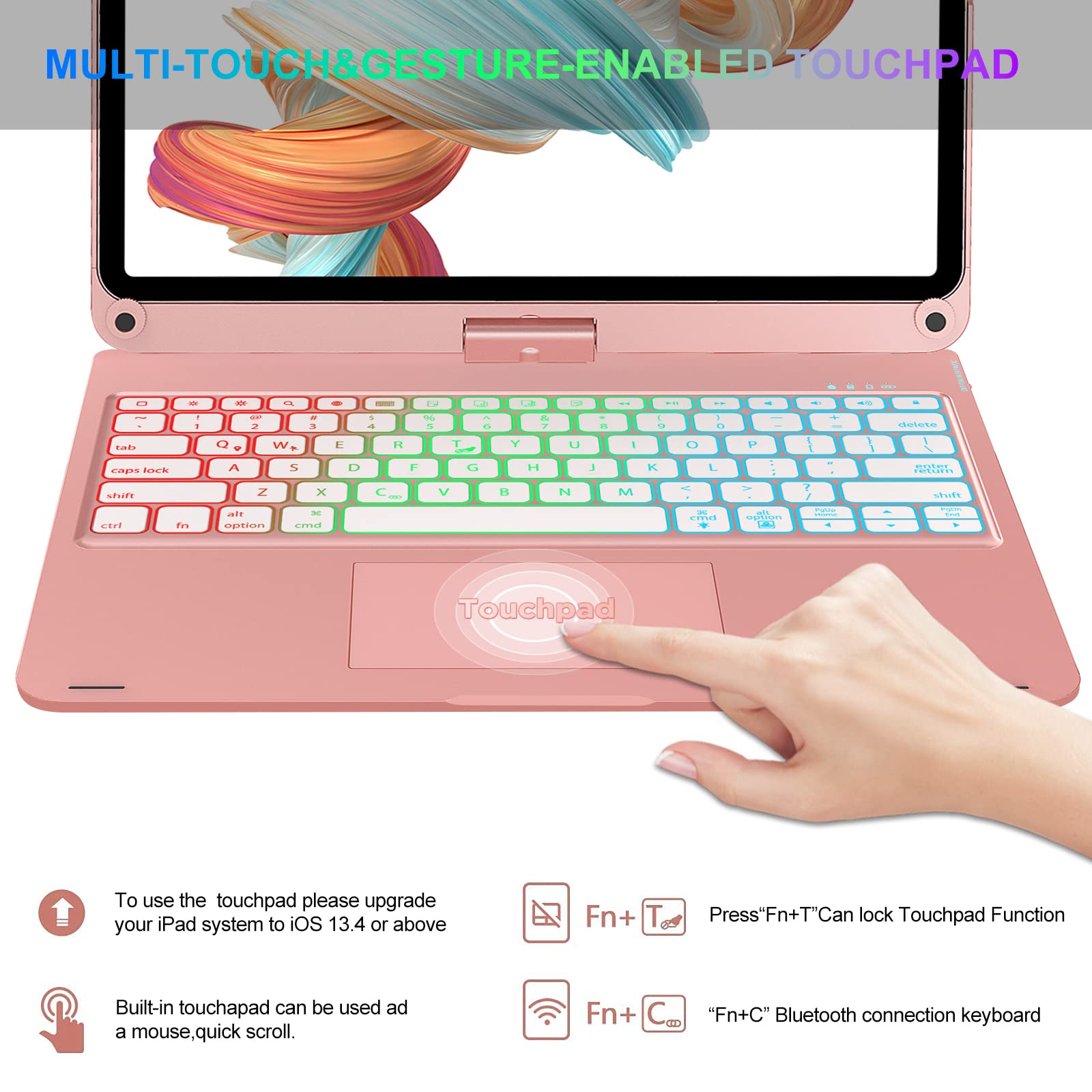 Keyboard Case for iPad Air 13-inch (M2, 2024) & iPad Pro 12.9 (6th 2022/5th 2021/4th 2020/3rd 2018 Gen), Magic 360°Rotatable & Swivel Keyboard with Trackpad, 7 Color Backlit with Pen Holder Rose Gold