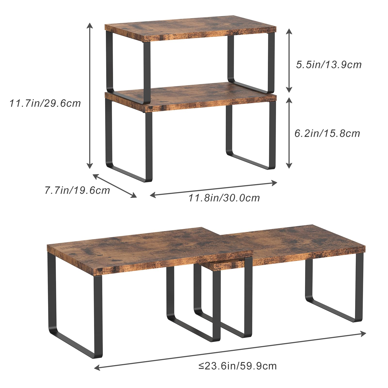 CADUKE Set of 4 Counter Shelves Kitchen Stackable Cabinet Shelf Wood Organizer Expandable Counter Top Racks Brown Bathroom Counter Organizer