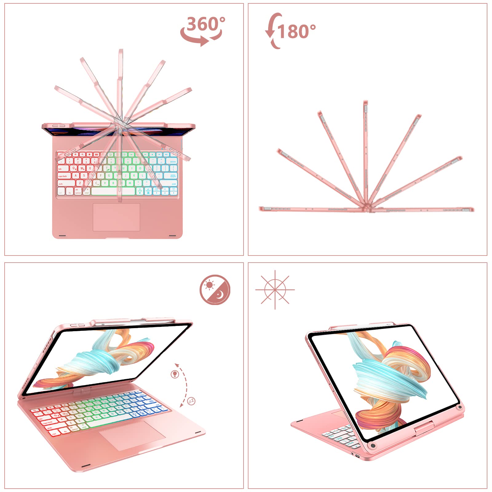 Keyboard Case for iPad Air 13-inch (M2, 2024) & iPad Pro 12.9 (6th 2022/5th 2021/4th 2020/3rd 2018 Gen), Magic 360°Rotatable & Swivel Keyboard with Trackpad, 7 Color Backlit with Pen Holder Rose Gold