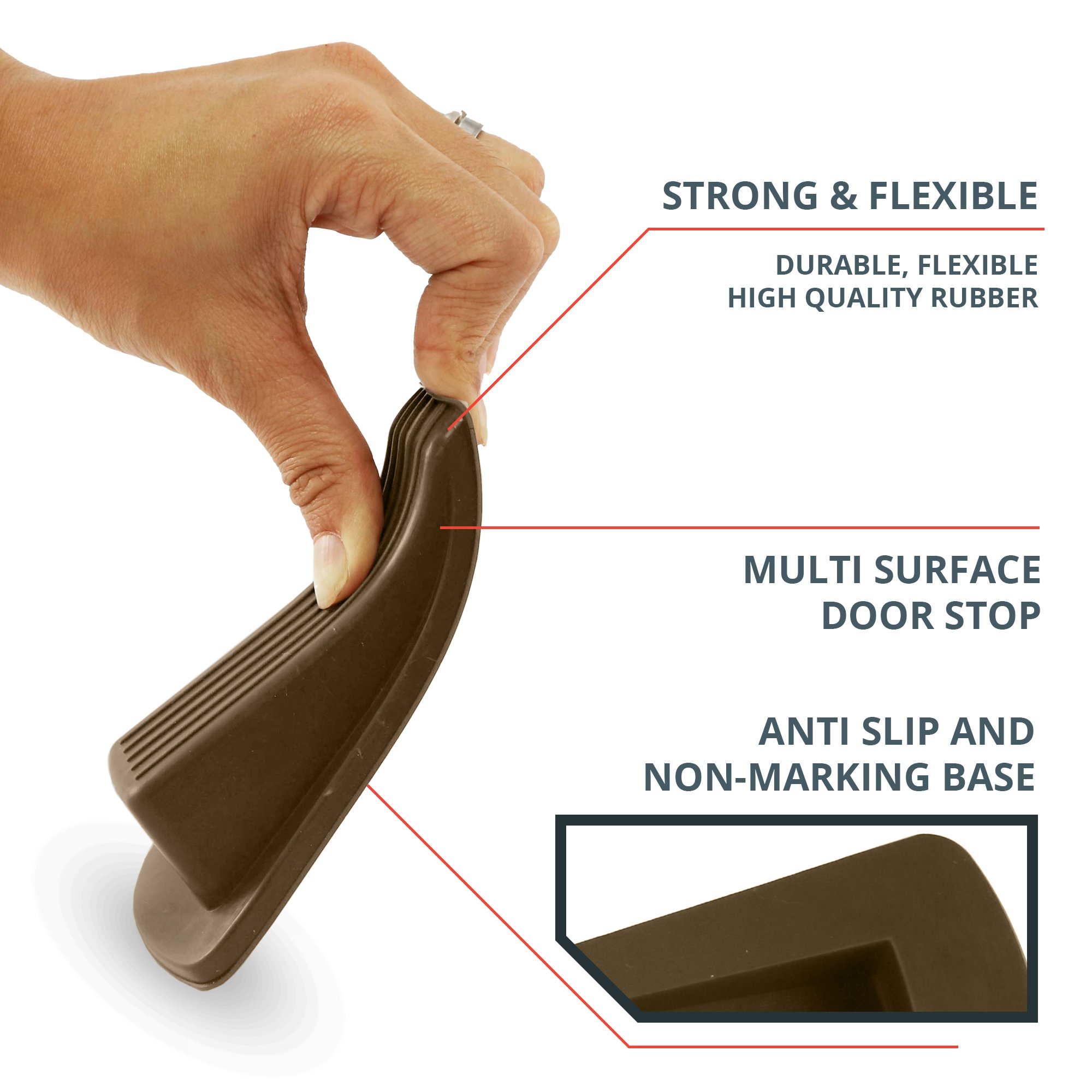 Rubber Door Stoppers for Bottom of Door - Security Wedge Door Stops for Concrete, Tile and Carpet Floors - Heavy Duty (4 Pack, Brown)