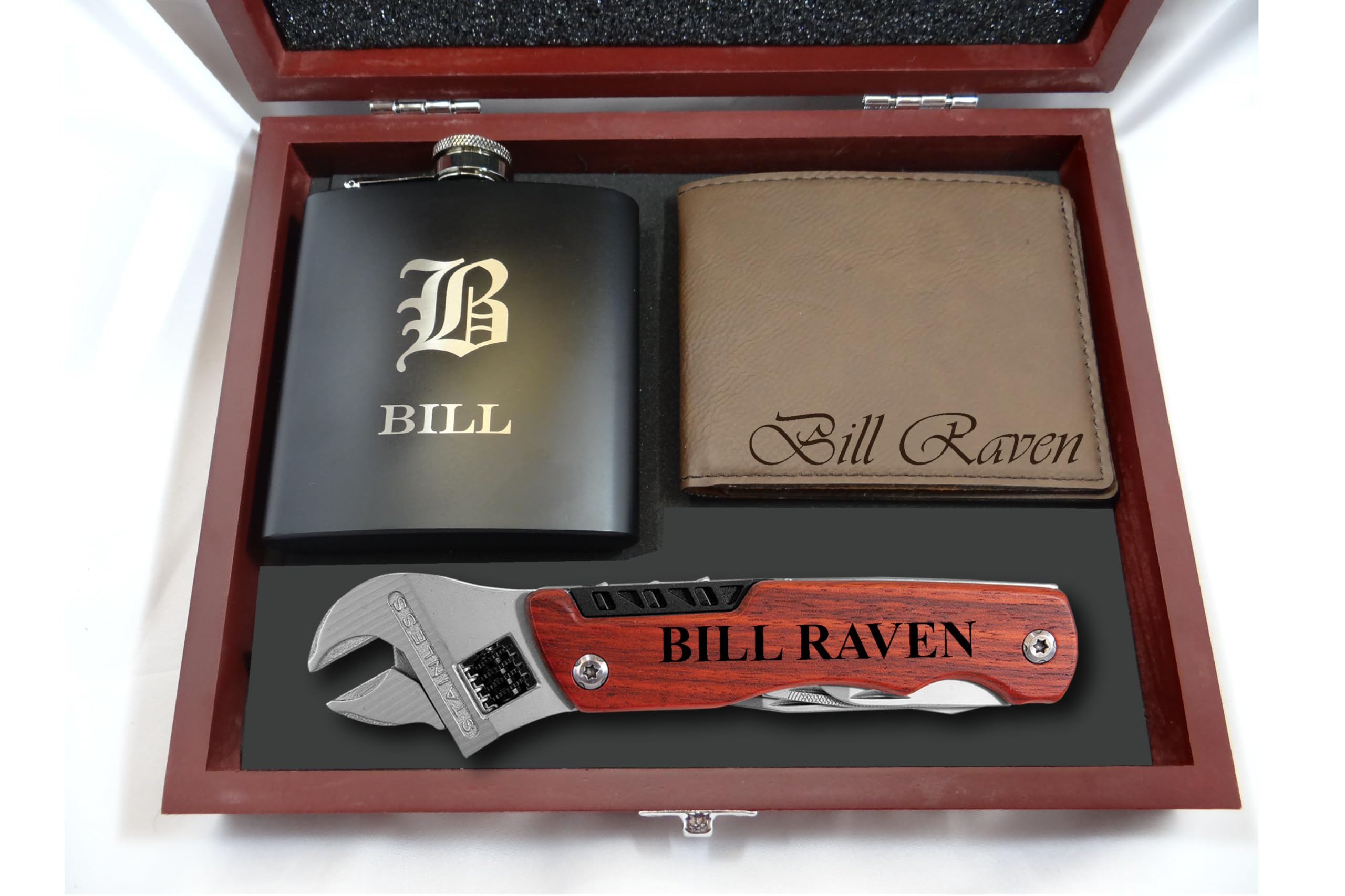 Personalized Gift Set | Engraved Wood Box | Etched Flask | Engraved Wallet | Monogrammed Multi-Tool Wrench | Groomsmen Gift Set | Boyfriend Gift | Husband Gift | Fathers Gift | Holiday Gift Set