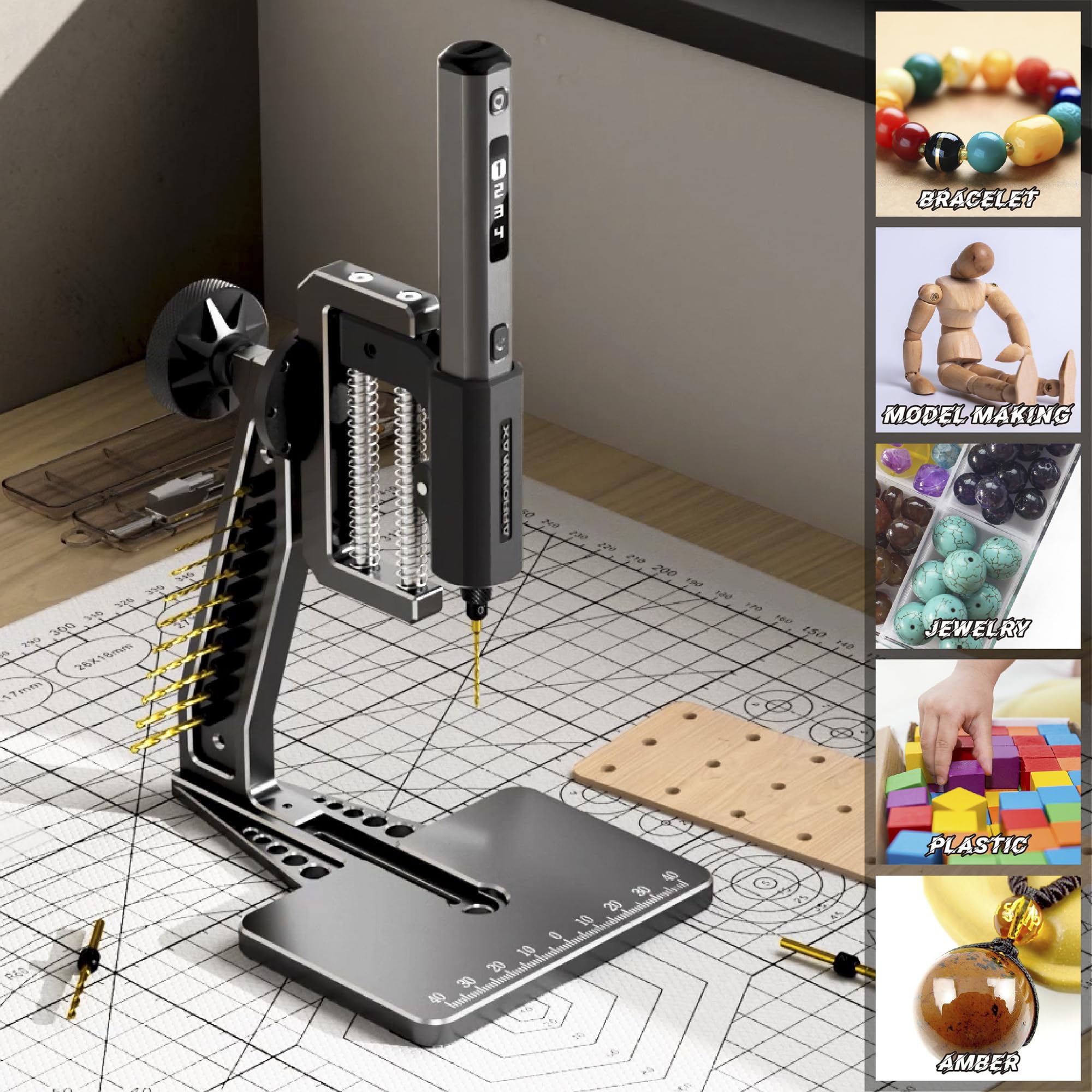 AM ARROWMAX 4-Speed Electric Mini Drill Pen with Hedgehog Benchtop Press & Electric Cordless Rotary Tool, 10 Small Drill Bits with Aluminium Box, OLED Display, LED Lights, 3/32-Inch Keyless Chuck