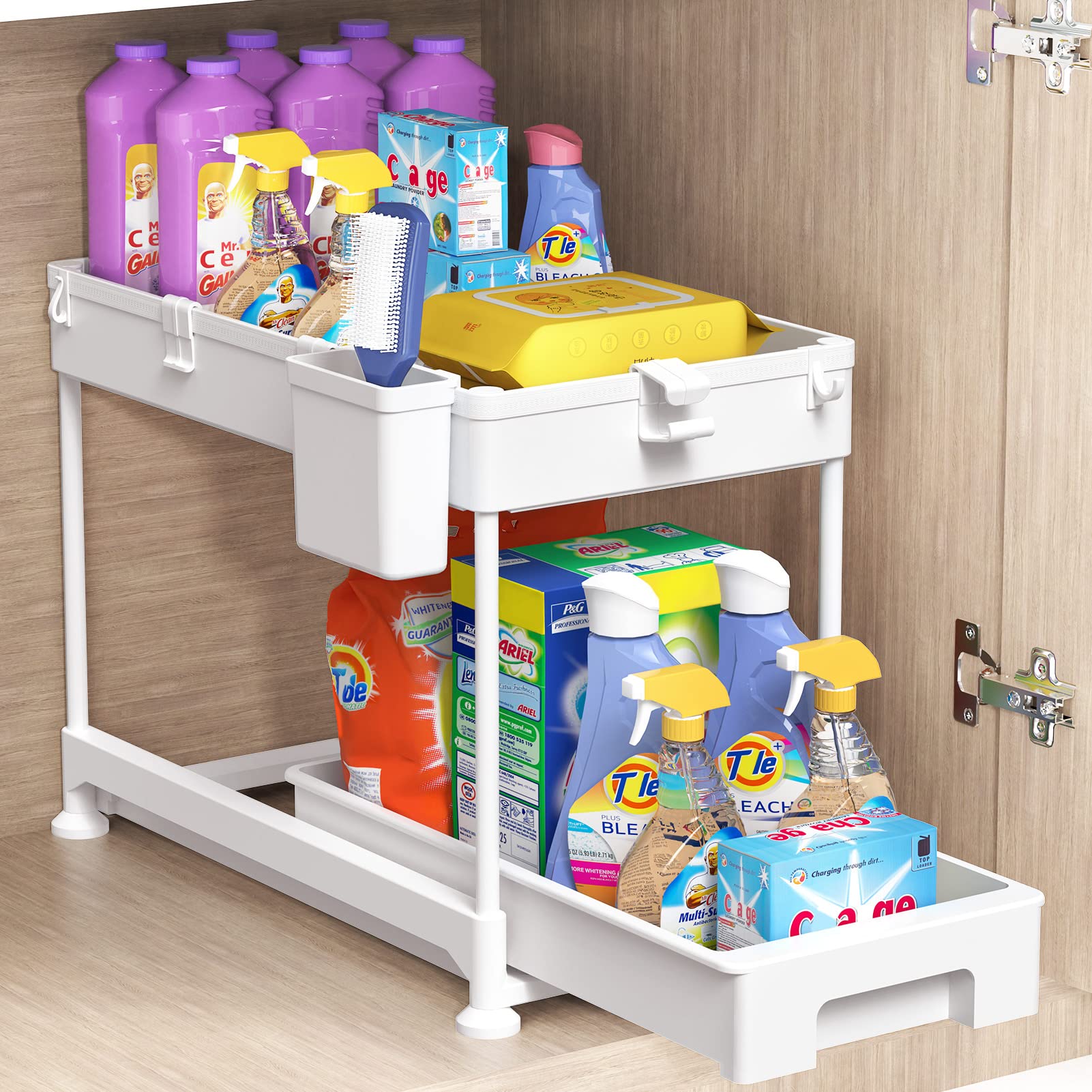 SPACEKEEPER Under Sink Organizer, Sliding Cabinet Basket Organizer 2 Tier Under Bathroom Storage Rack with Hooks, Hanging Cup, Dividers, Multi-purpose Storage Shelf for Bathroom Kitchen, White, 2 Pack