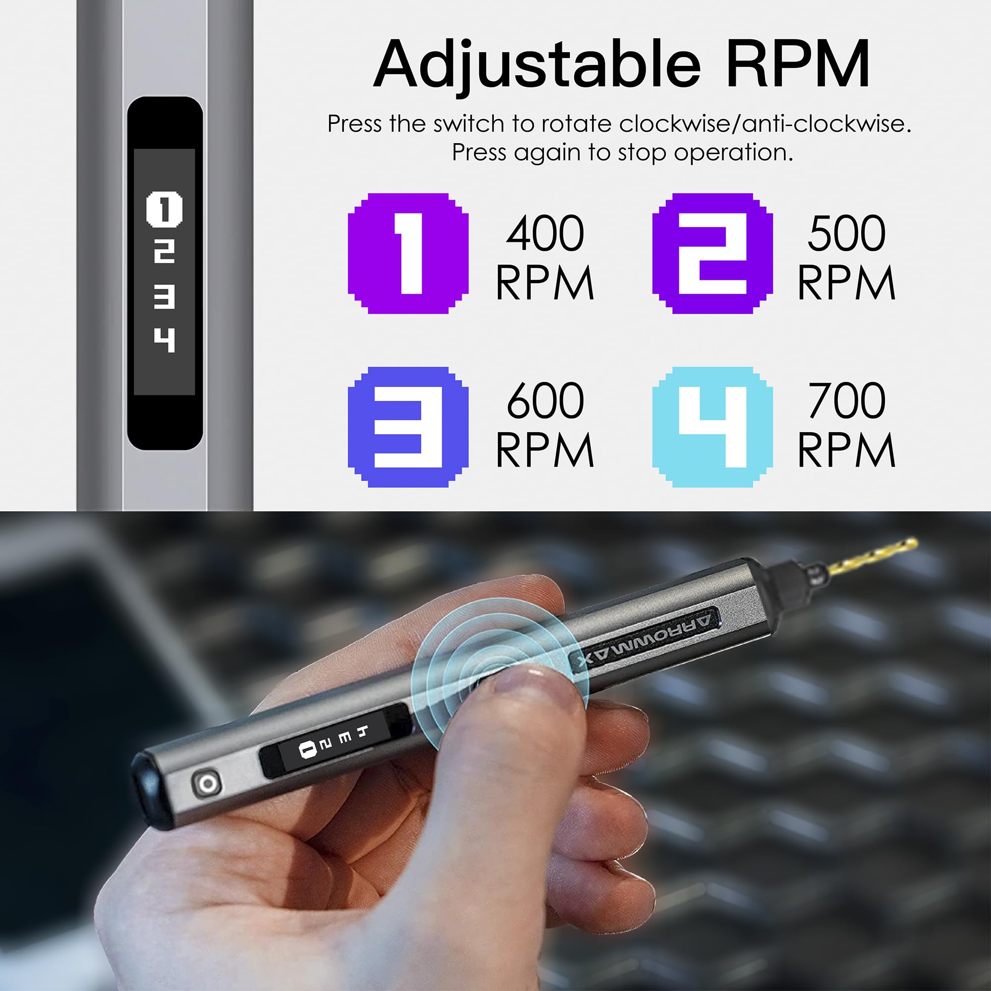 AM ARROWMAX 4-Speed Electric Mini Drill Pen with Hedgehog Benchtop Press & Electric Cordless Rotary Tool, 10 Small Drill Bits with Aluminium Box, OLED Display, LED Lights, 3/32-Inch Keyless Chuck
