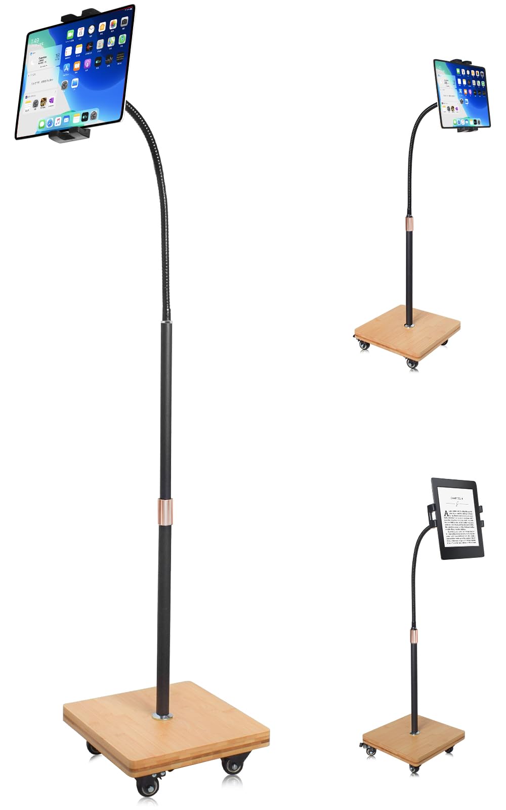Crocqett Ipad Stand Floor with Wheels,Adjustable Height Tablet Floor Stand for Bed,Gooseneck Tablet Holder with Bamboo Base,Compatible with Kindle,Ipad pro Mini 12.9/6,Phones (4.7''-13'')