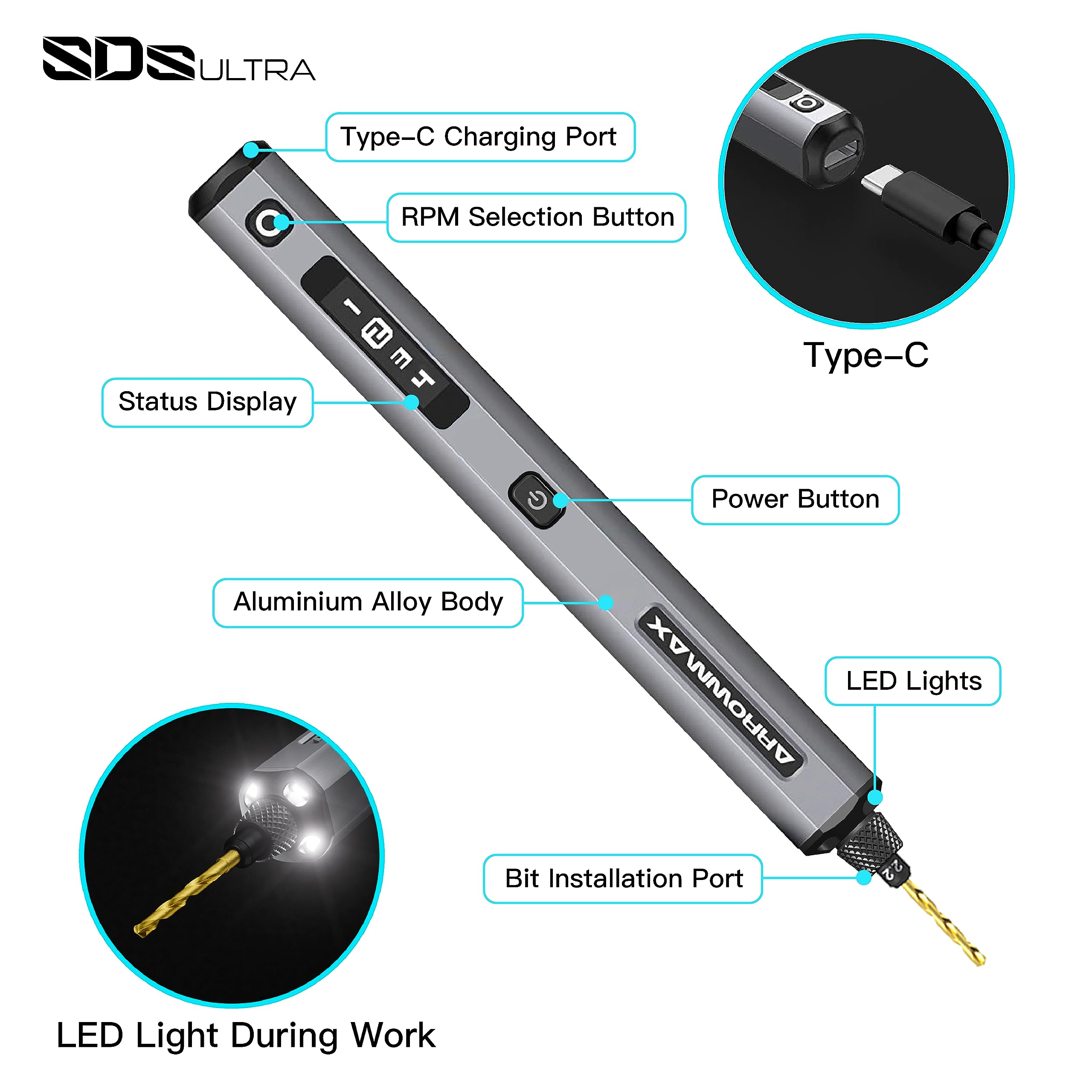 AM ARROWMAX 4-Speed Electric Mini Drill Pen with Hedgehog Benchtop Press & Electric Cordless Rotary Tool, 10 Small Drill Bits with Aluminium Box, OLED Display, LED Lights, 3/32-Inch Keyless Chuck