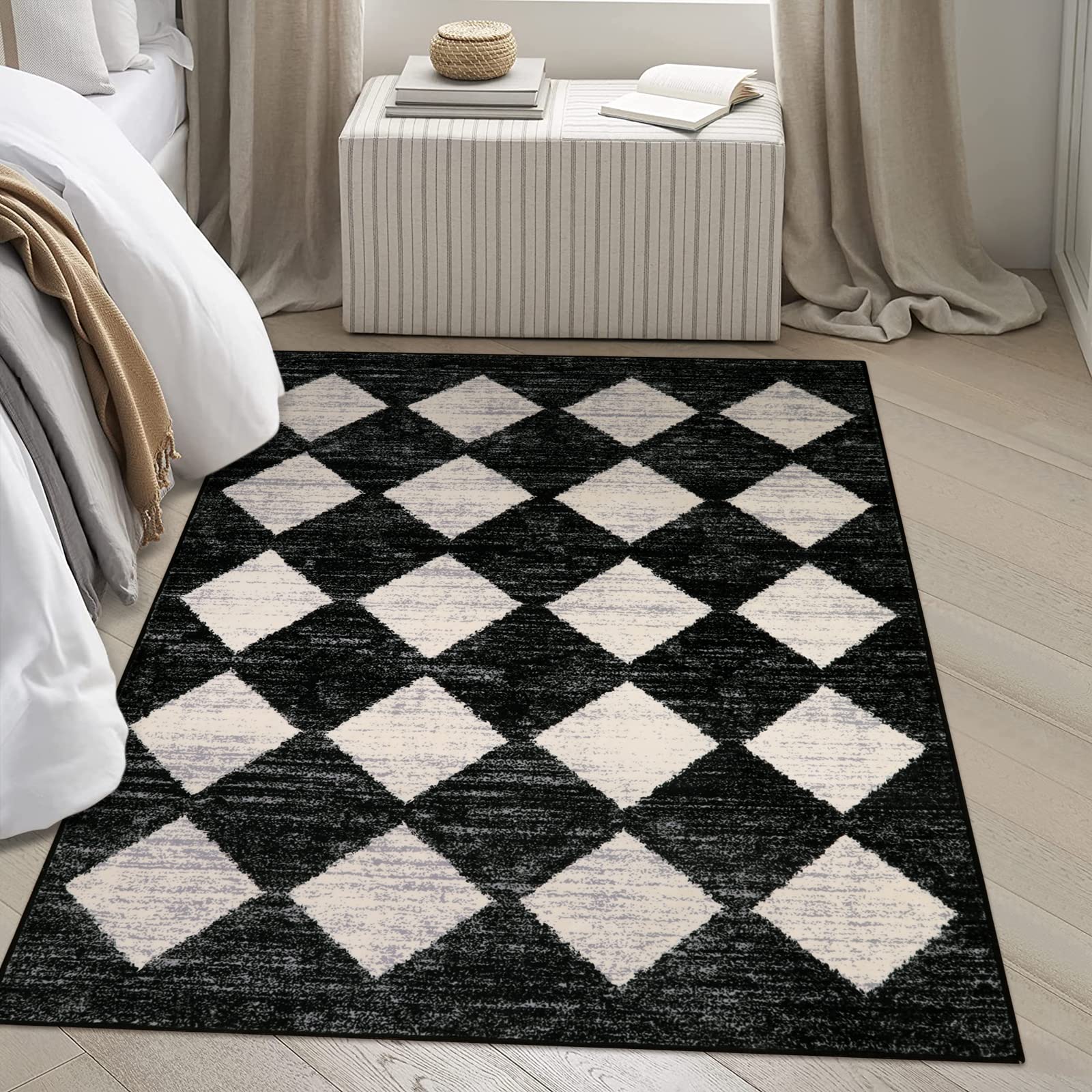 Lahome Moroccan Trellis Area Rug - 5x7 Black Washable Large Rugs for Bedroom Living Room Mat, Checkered Soft Non Slip Stain Resistance Indoor Accent Carpet for Dining Room Coffee Table