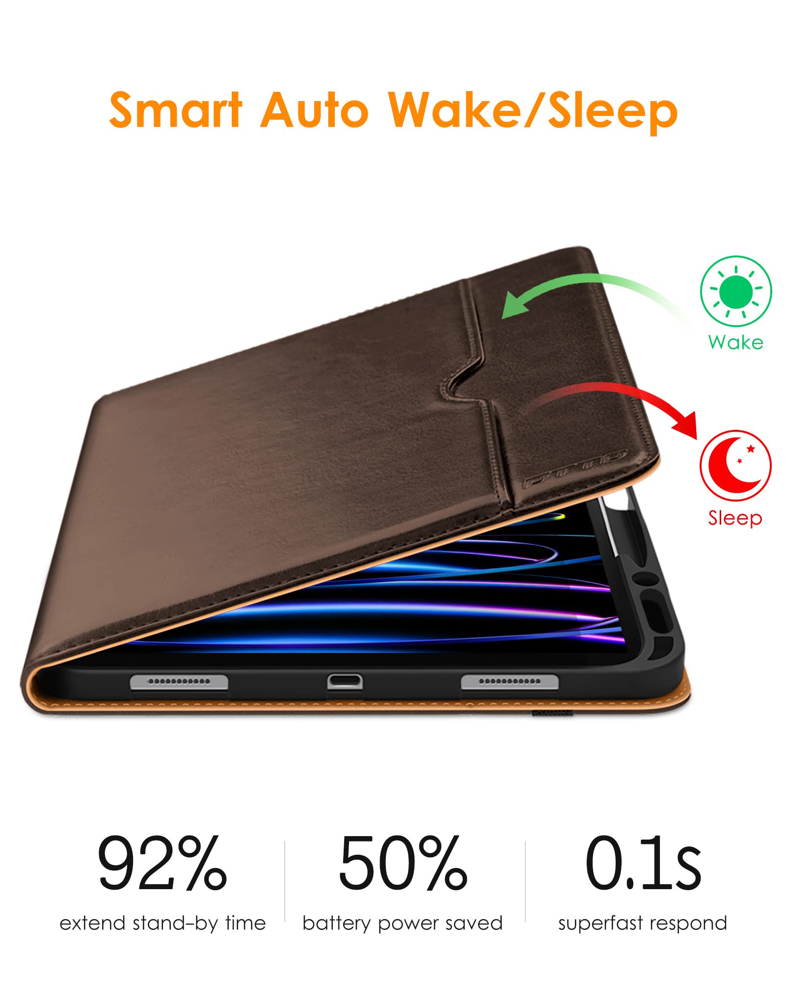DTTO for iPad Pro 12.9 6th / 5th / 4th / 3rd Generation Case 2022/2021/2020/2018, Leather Folio Stand Cover with Built-in Apple Pencil Holder -Auto Wake/Sleep and Multi Viewing Angles, Dark Brown