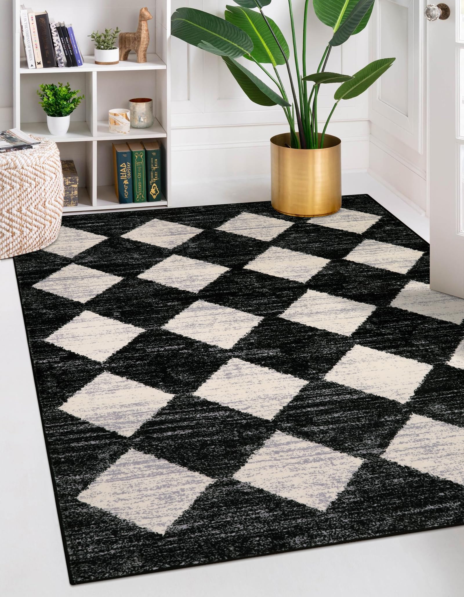Lahome Moroccan Trellis Area Rug - 5x7 Black Washable Large Rugs for Bedroom Living Room Mat, Checkered Soft Non Slip Stain Resistance Indoor Accent Carpet for Dining Room Coffee Table