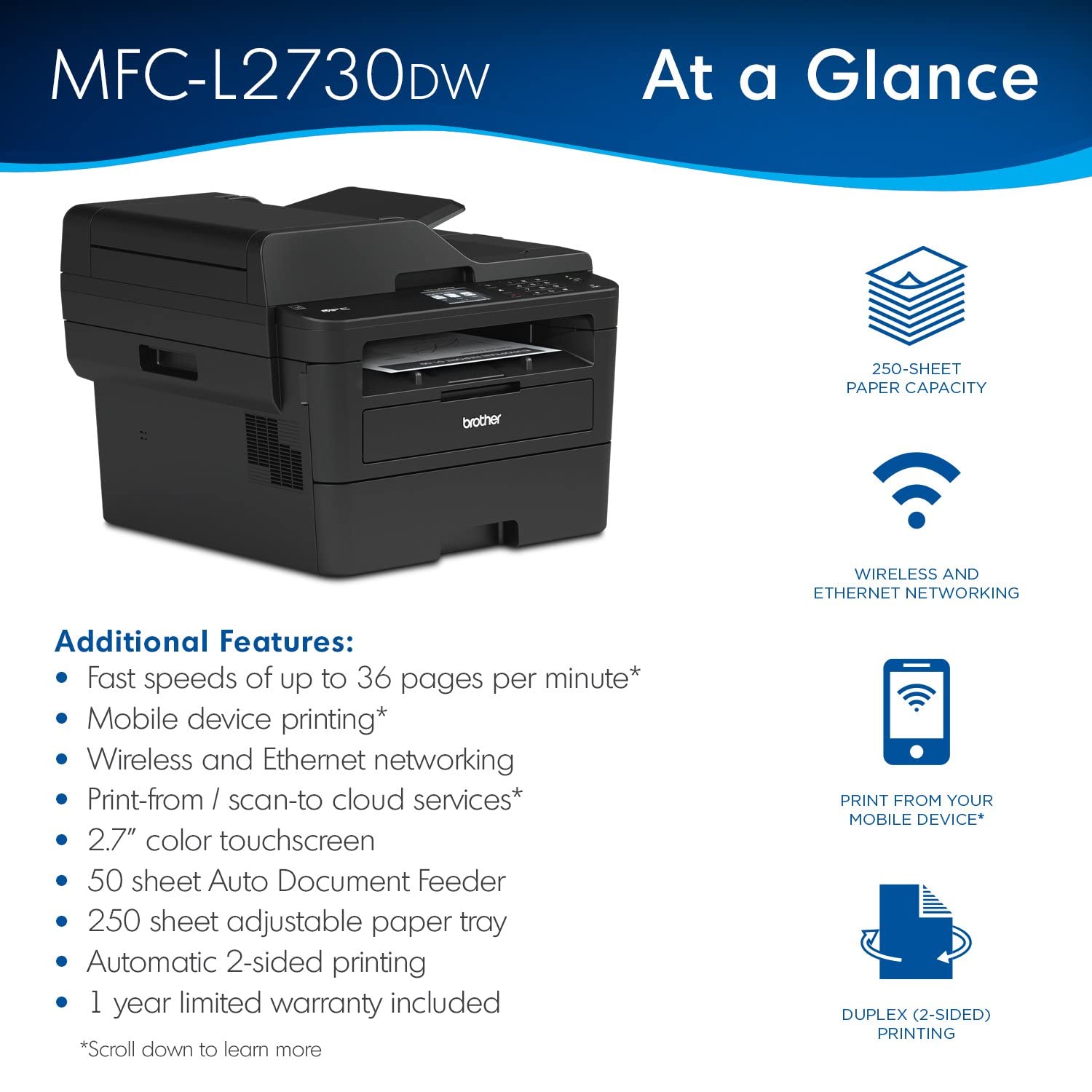 Brother MFC-L27 30DW All-in-One Wireless Monochrome Laser Printer, 2.7” Color Touch, 36ppm, Automatic Duplex (2-Sided), Durlyfish