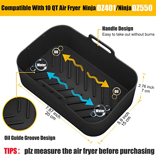 10QT Air Fryer Silicone Liners, MMH 2Pcs Rectangular Airfryer Silicone Pot Baking Tray Reusable Replacement Basket Insert for Ninja DZ401/DZ550 | Non-stick | Easy Cleaning | Food Safe | Black