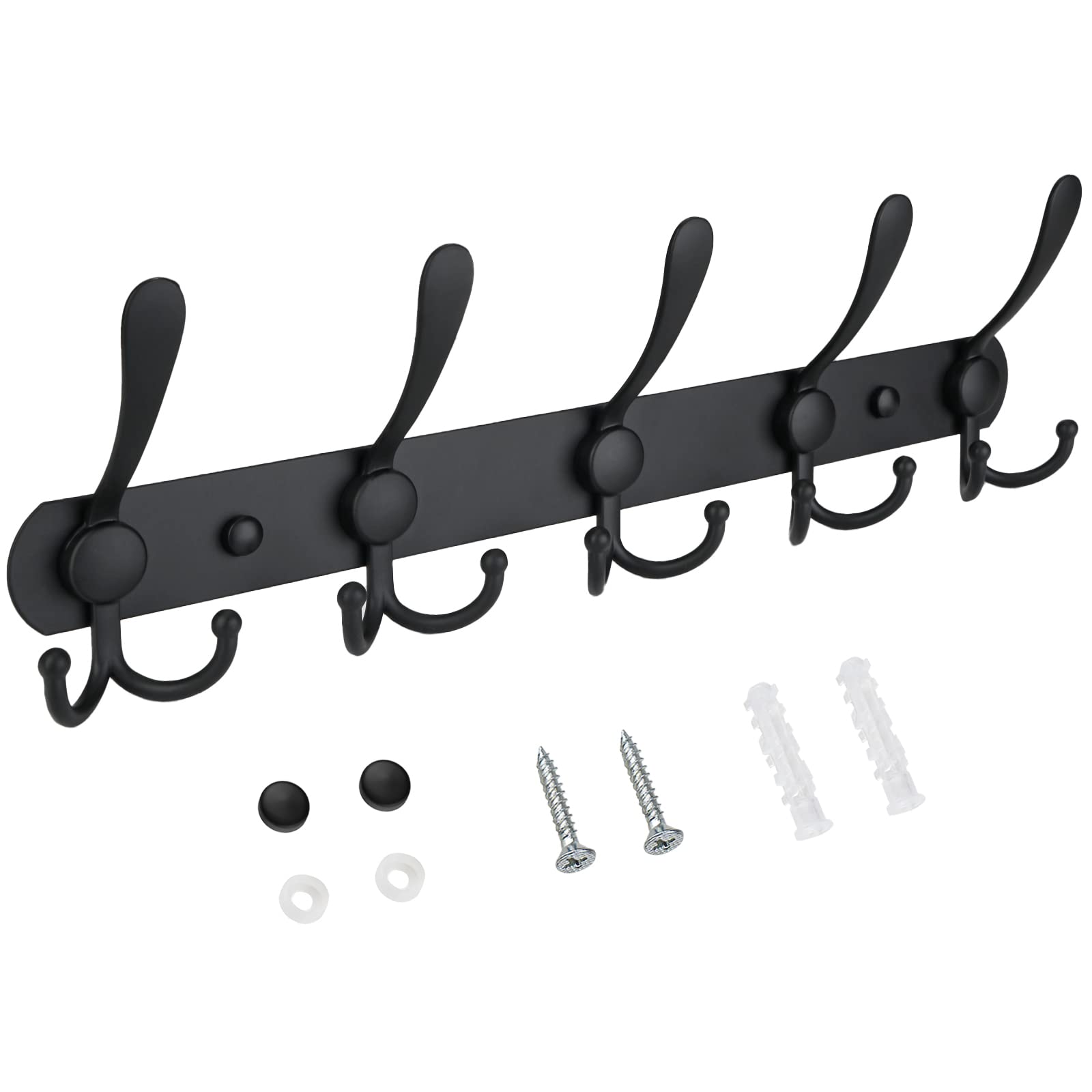 TICONN Wall Mounted Coat Rack, Five Heavy Duty Tri Hooks All Metal Construction for Jacket Coat Hat in Mudroom Entryway (Matte Black, 1-Pack)
