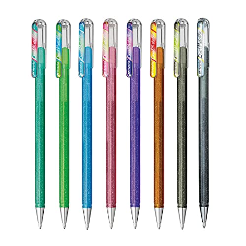 Pentel Hybrid - Dual Metallic Pens - Liquid Gel Rollerball Pens - K110 - Assorted Colours - Set of 8