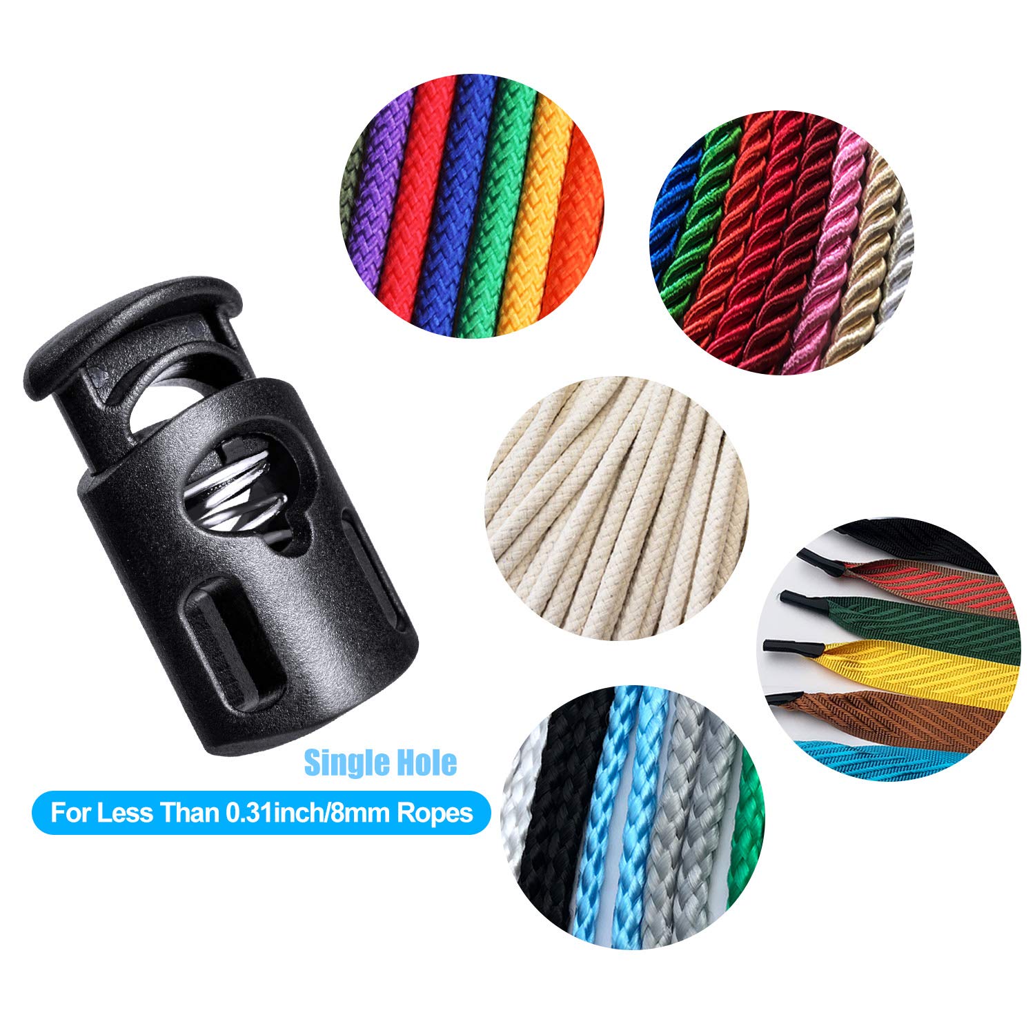 AQRINGO Plastic Cord Locks Upgraded Single Hole Spring Toggle Stopper Cord Stops Fastener Toggles for Shoelaces, Drawstrings, Paracord, Bags, Clothing, and More (10Pcs, Black)