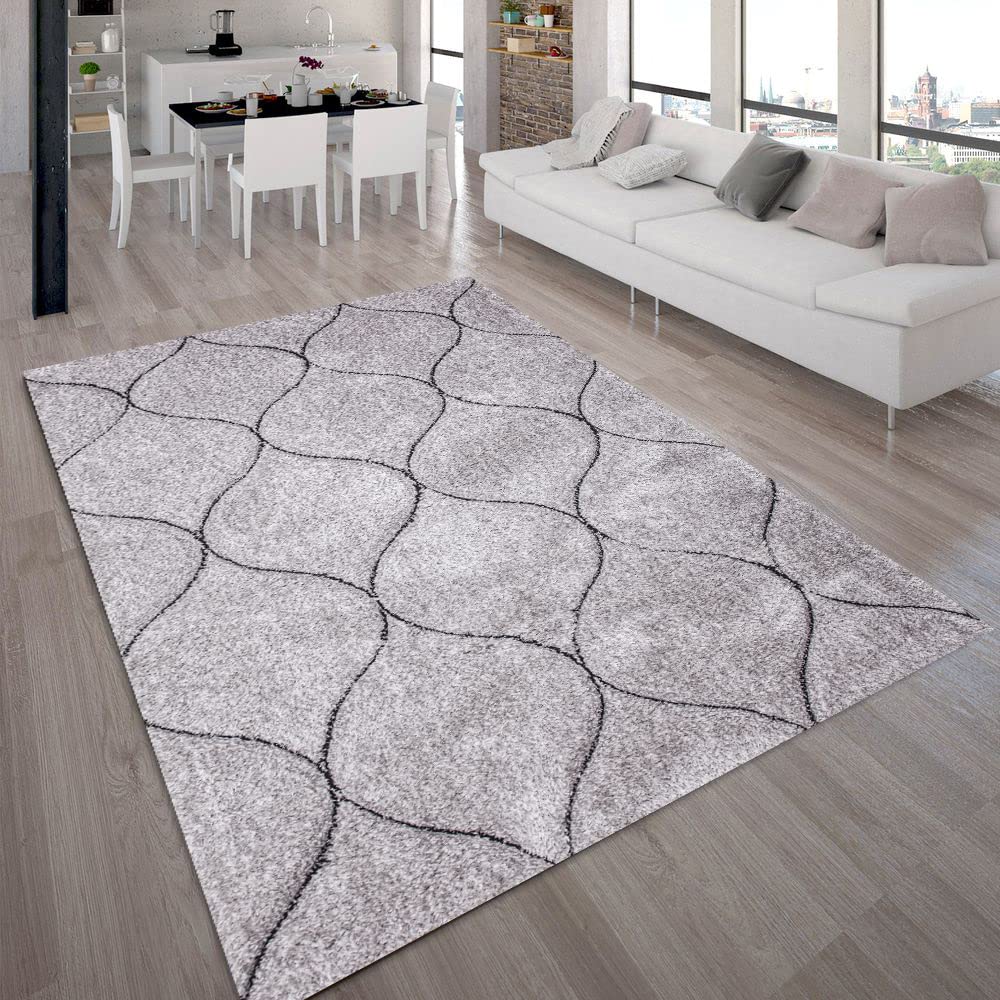 Makymo 7'6" x 10'3" ft Silver Tiles Shag Area Rug - Hand Carved Geometric Pattern Design - Soft, Plush Fluffy Carpet Great for Indoor Bedroom, Living Room