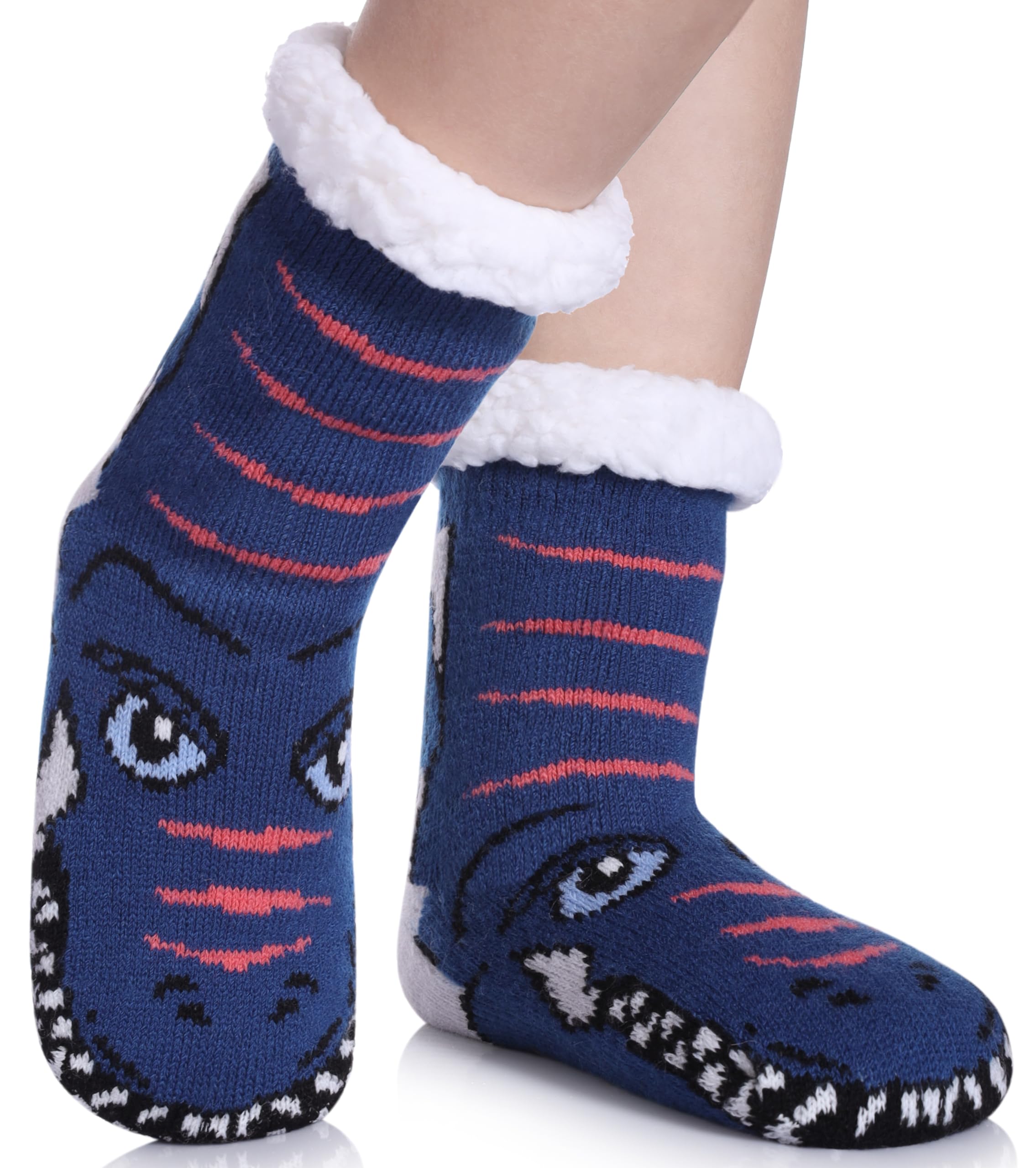FNOVCO Kids Fuzzy Slipper Socks Toddler Boys Girls Soft Thick Cozy Fluffy Grips Socks Warm Fleece Lined Winter Indoor Non Slip Socks (8-12 Years, Blue Shark)
