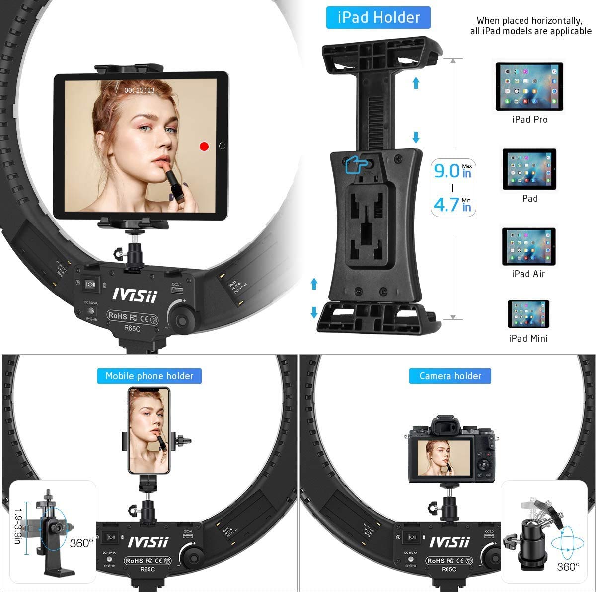 IVISII 19 inch Ring Light with Stand and Phone Holder,60W Bi-Color or for Live Stream/Makeup/YouTube Video/TikTok/Zoom/Photography Black