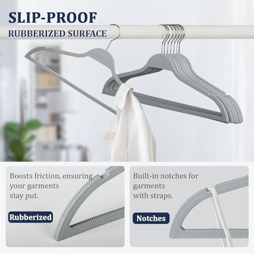 Heavy Duty Plastic Hangers, 50 Pack Rubber Coating Non Slip Coat Hangers with Shoulder Grooves, Suit Hangers with 360° Swivel Hook, Space Saving Organizer for Bedroom Closet, Gray