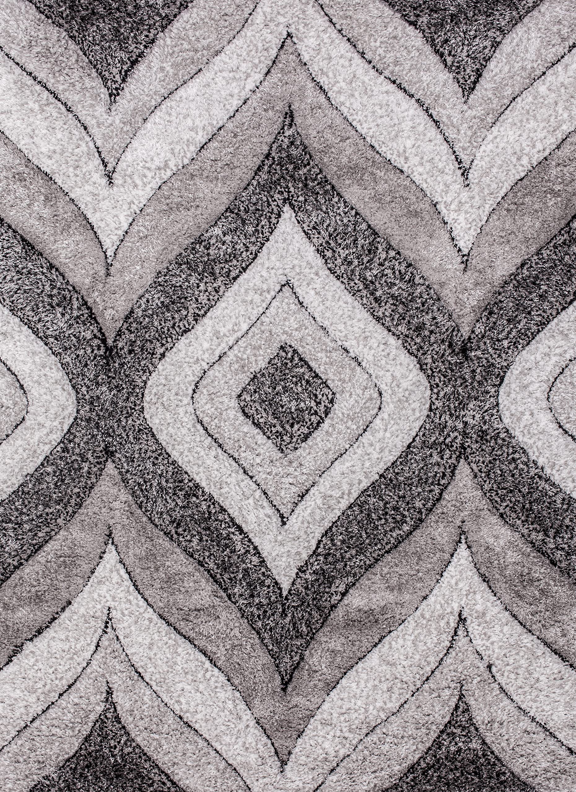 Makymo 7'6" x 10'3" ft Touch of Silver Shag Area Rug - Hand Carved Geometric Pattern Design - Soft, Plush Fluffy Carpet Great for Indoor Bedroom, Living Room