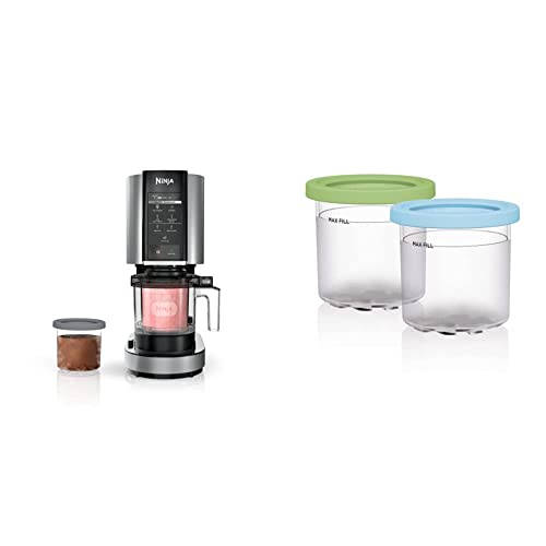 Ninja NC301 CREAMi Ice Cream Maker,Silver & XSKPLID2CD Pints 2 Pack, Compatible with NC299AMZ & NC300s Series Creami Ice Cream Makers, BPA-Free & Dishwasher Safe, Lime & Aqua Lids, 1