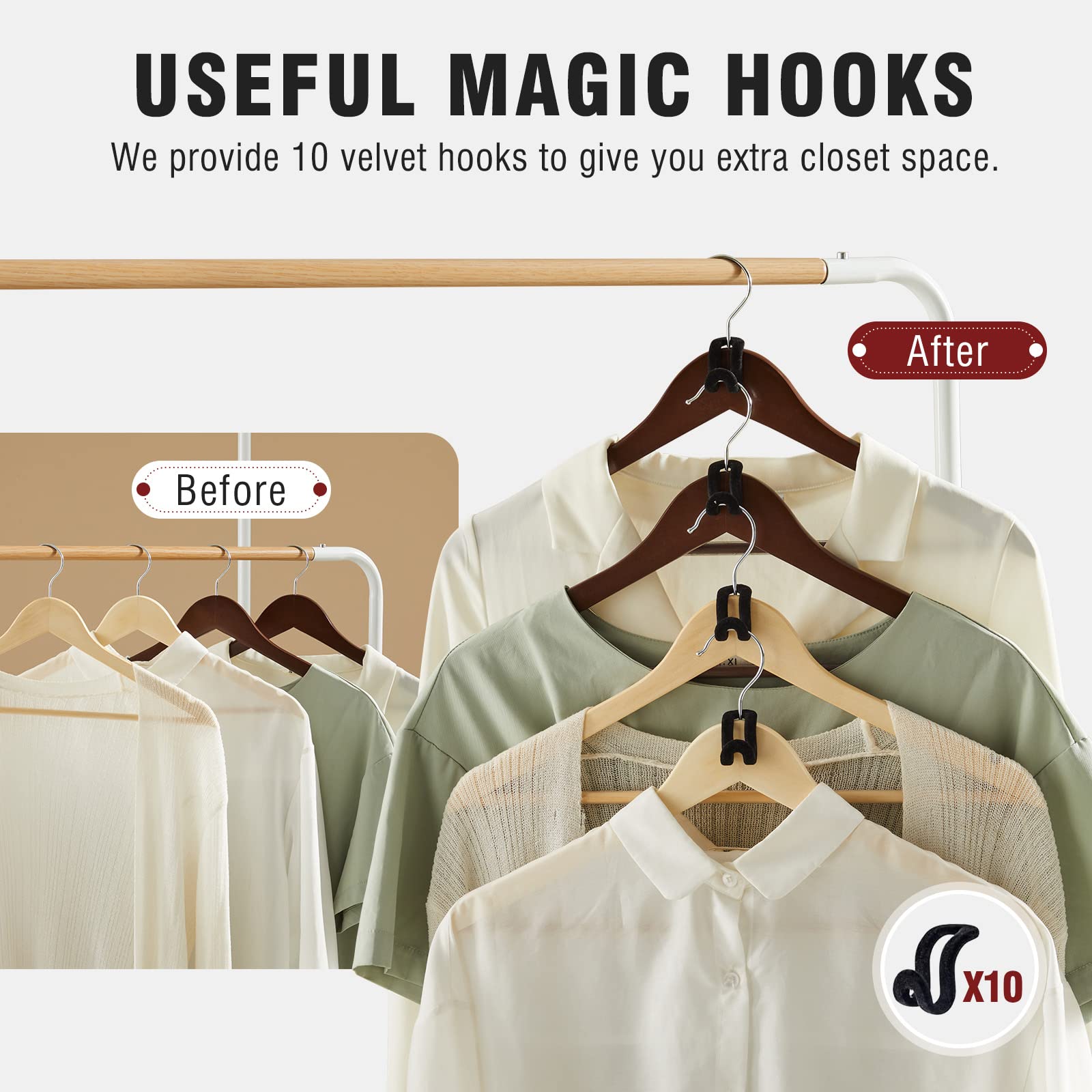 TECHMILLY 20 Pack Solid Wooden Suit Hangers, Heavy Duty Coat Hangers for Closet, Smooth Finish Clothes Hangers with 360° Swivel Hook & Non Slip Pant Bar & Cut Notches for Shirt, Walnut