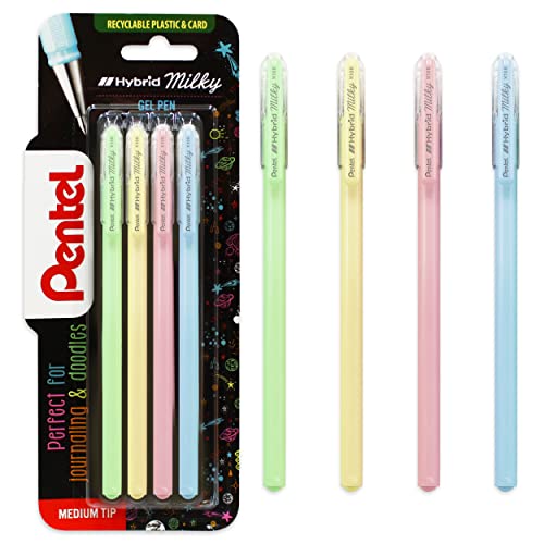 Pentel Hybrid - Milky Gel Rollerball Pen - K108 - Blister Pack of 4 Pastel Pens - Green, Yellow, Pink and Blue