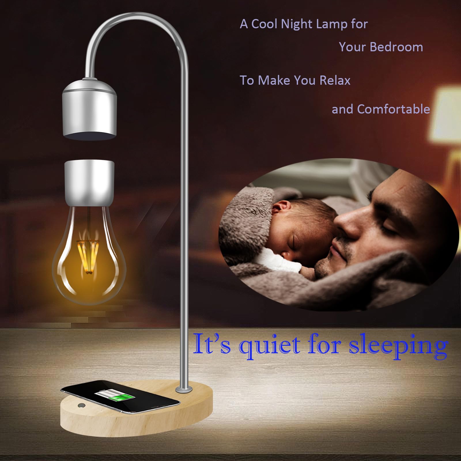 Levitating Light Bulb Floating Lamp Magnetic Levitation Anti-gravity LED Night Lights Cool Lamps for Bedrooms Decor Unique Desk Toys Office Gifts Home Decorations with Wireless Charger (Apple/Android)
