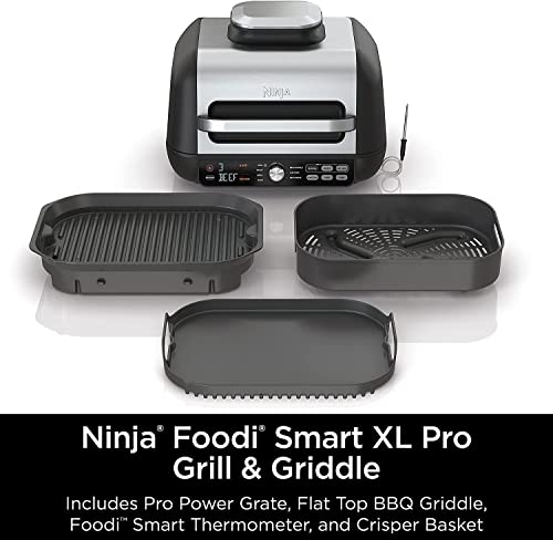 Ninja IG651 Foodi Smart XL Pro 7-in-1 Indoor Grill/Griddle Combo, use Opened or Closed, with Griddle, Air Fry, Dehydrate & More, Pro Power Grate, Flat Top Griddle, Crisper, Smart Thermometer, Black (Renewed)