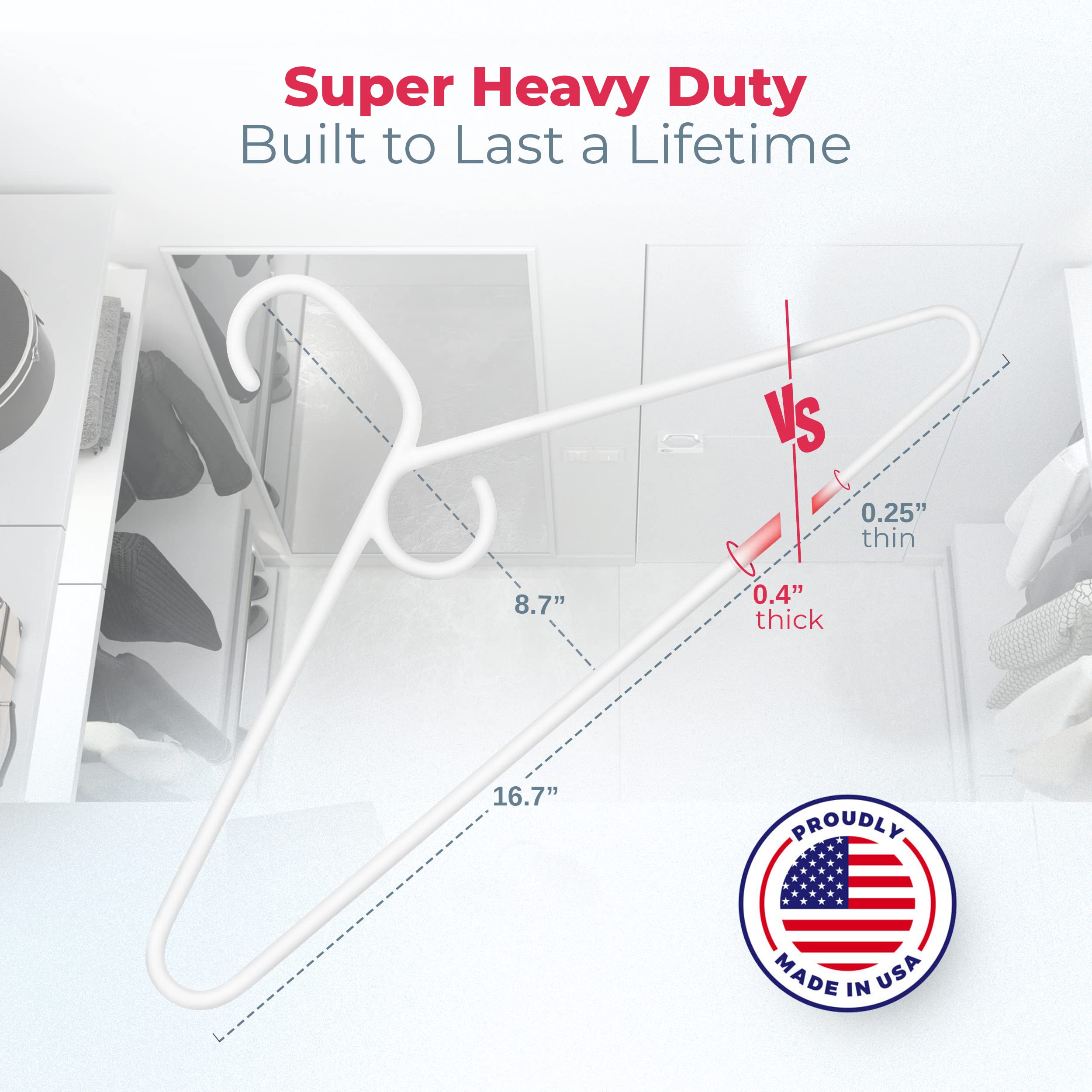 Made in USA Super Heavy Duty Plastic Clothes Hangers Bulk, 20 30 50 100 Pack Available, Strong Plastic Hangers, Plastic Coat Hangers, Plastic Hanger for Closet and Clothing Hangars (06pk White)