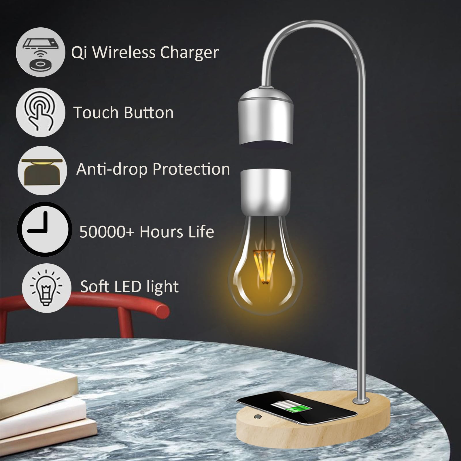 Levitating Light Bulb Floating Lamp Magnetic Levitation Anti-gravity LED Night Lights Cool Lamps for Bedrooms Decor Unique Desk Toys Office Gifts Home Decorations with Wireless Charger (Apple/Android)