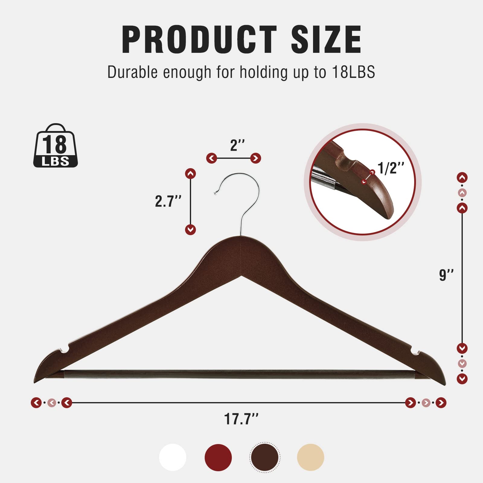 TECHMILLY 20 Pack Solid Wooden Suit Hangers, Heavy Duty Coat Hangers for Closet, Smooth Finish Clothes Hangers with 360° Swivel Hook & Non Slip Pant Bar & Cut Notches for Shirt, Walnut