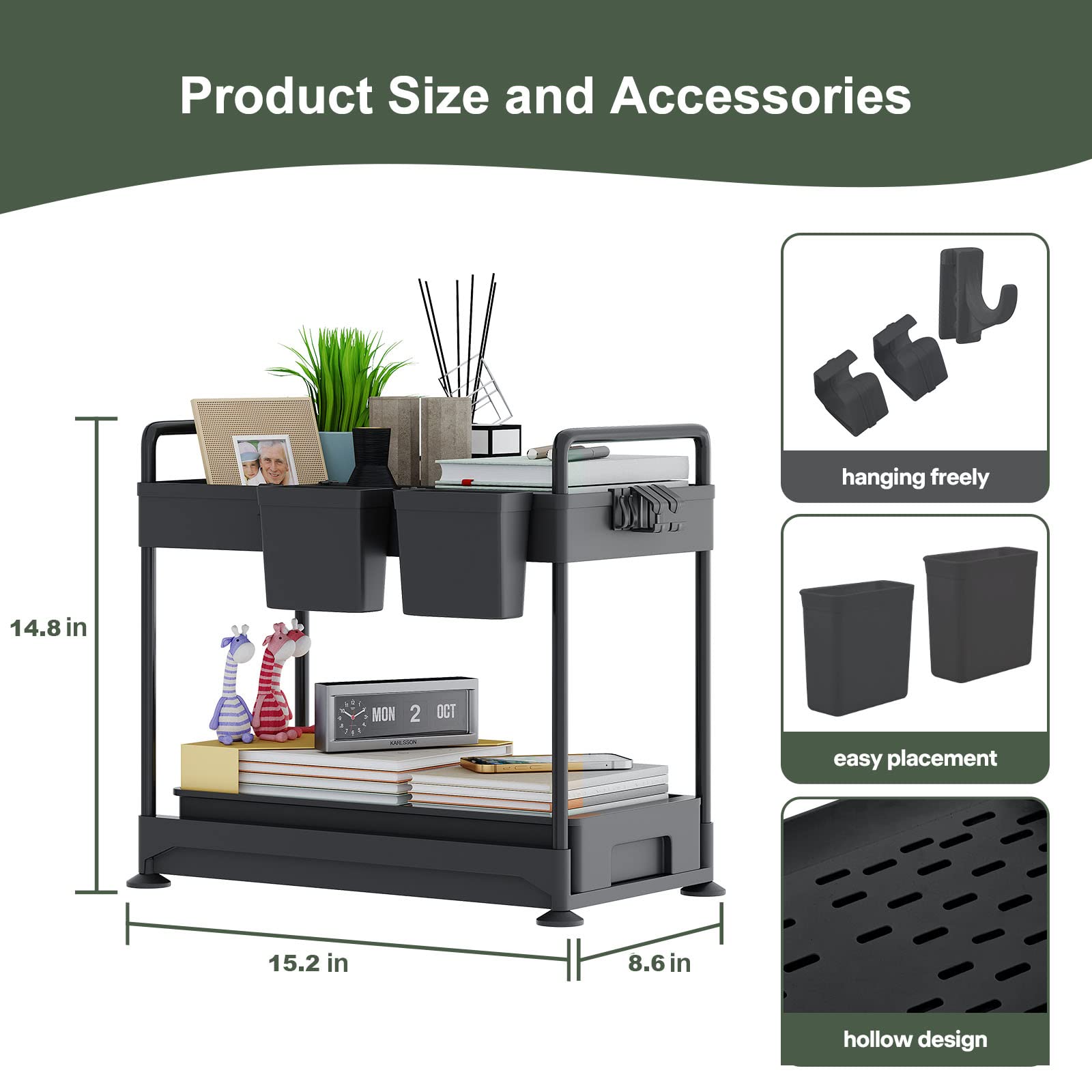 BAYANKHAR Under Sink Organizers and Storage, Multi-purpose Bathroom Organizer Under Sink, 2 Tier Under Kitchen Sink Organizer Sliding Cabinet organizer Basket with Hooks,Hanging Cup,Black,2 Pack