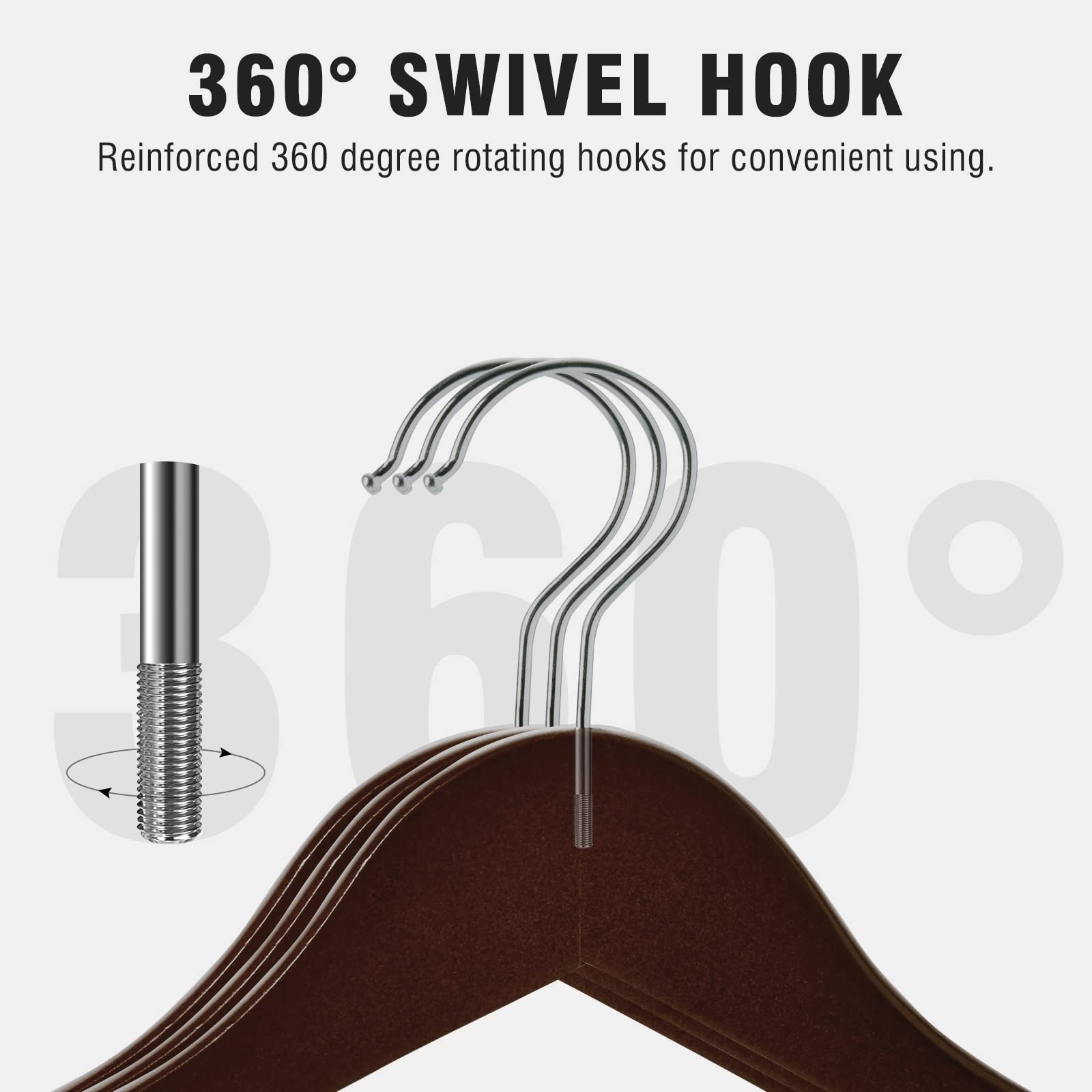 TECHMILLY 20 Pack Solid Wooden Suit Hangers, Heavy Duty Coat Hangers for Closet, Smooth Finish Clothes Hangers with 360° Swivel Hook & Non Slip Pant Bar & Cut Notches for Shirt, Walnut