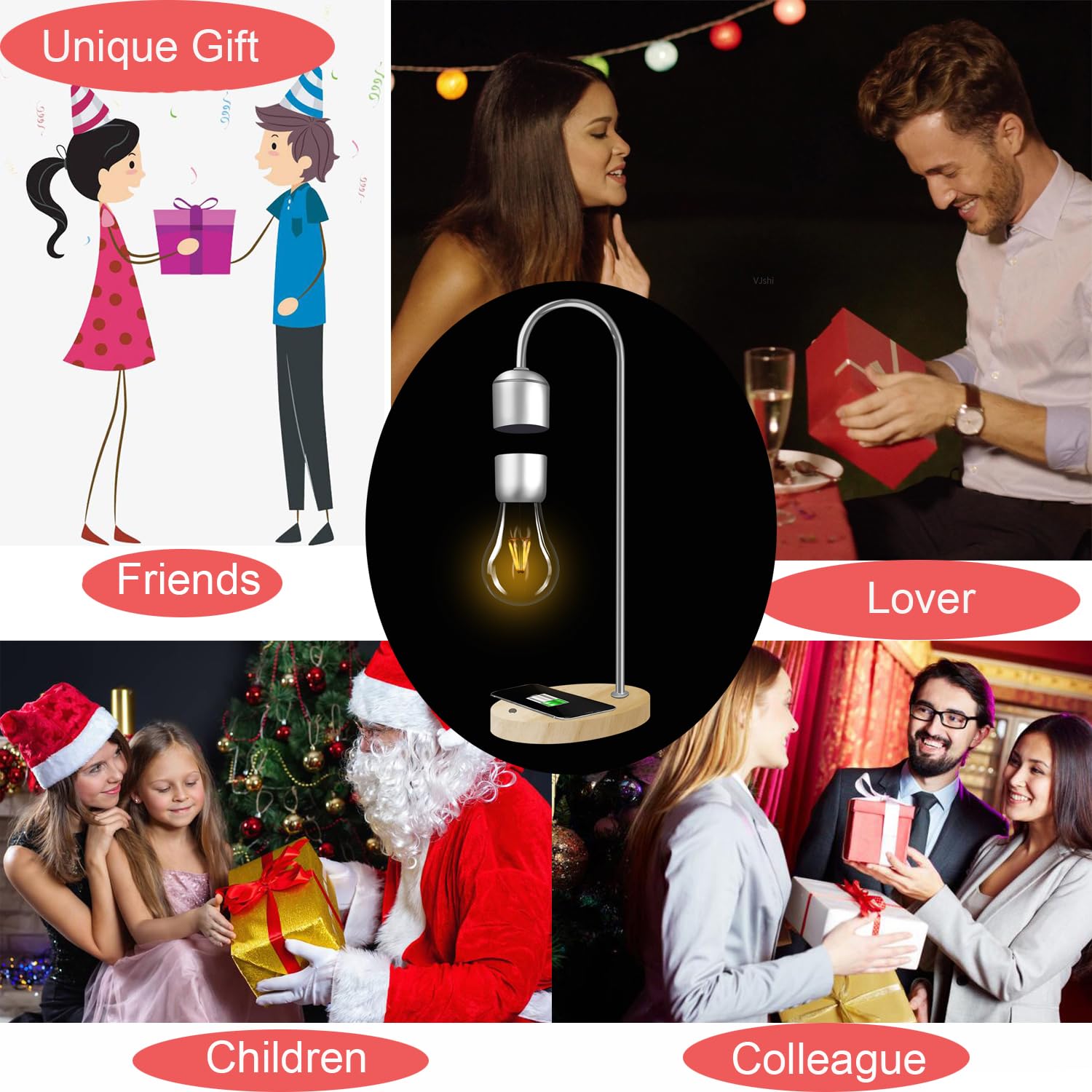 Levitating Light Bulb Floating Lamp Magnetic Levitation Anti-gravity LED Night Lights Cool Lamps for Bedrooms Decor Unique Desk Toys Office Gifts Home Decorations with Wireless Charger (Apple/Android)