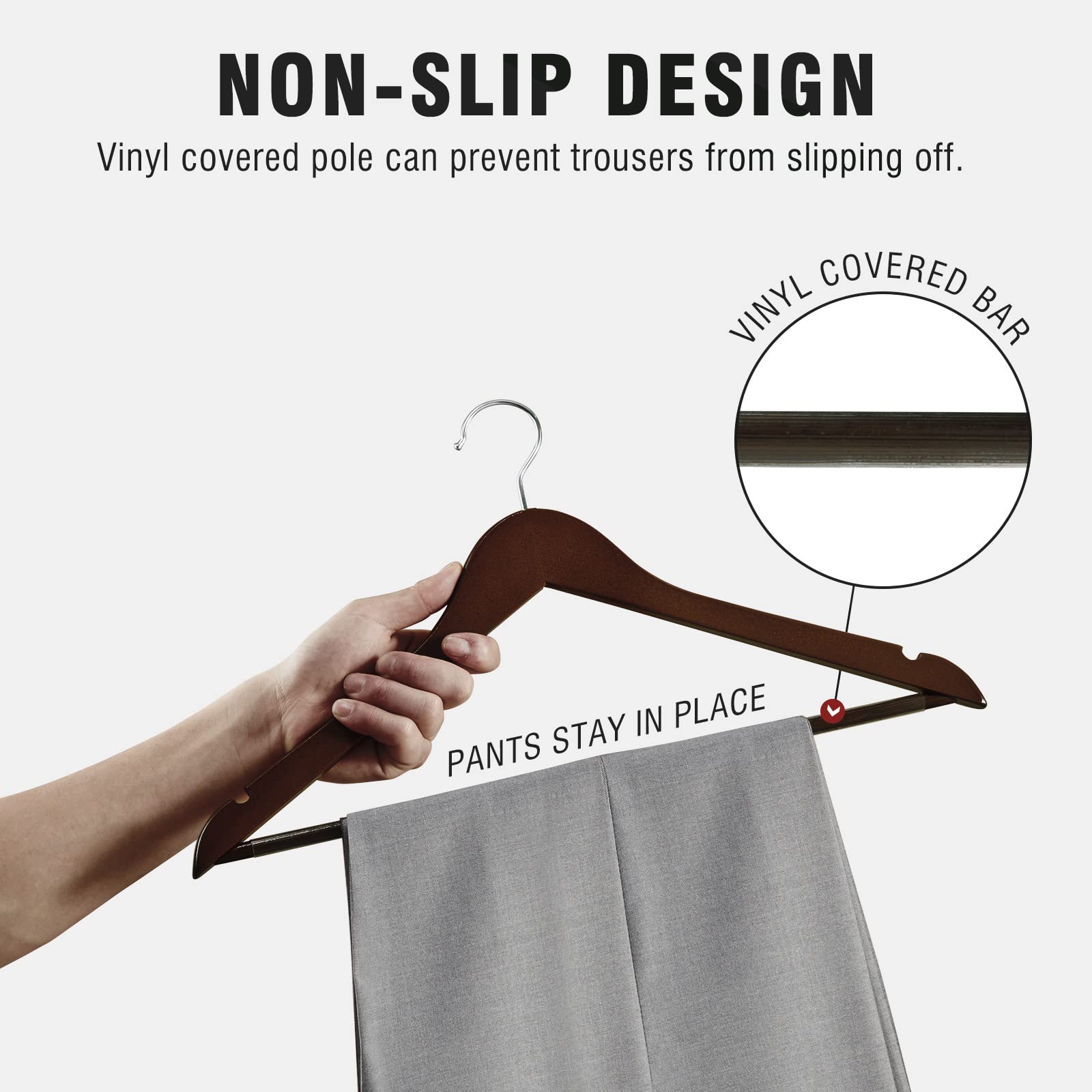 TECHMILLY 20 Pack Solid Wooden Suit Hangers, Heavy Duty Coat Hangers for Closet, Smooth Finish Clothes Hangers with 360° Swivel Hook & Non Slip Pant Bar & Cut Notches for Shirt, Walnut
