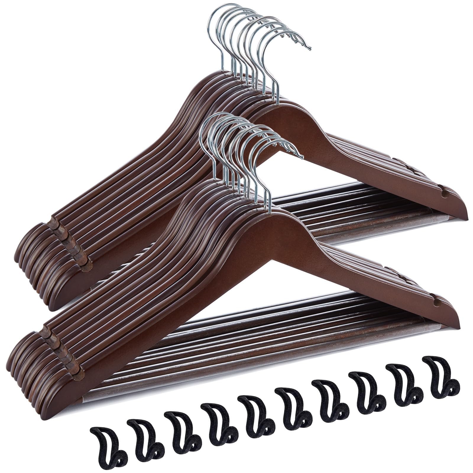 TECHMILLY 20 Pack Solid Wooden Suit Hangers, Heavy Duty Coat Hangers for Closet, Smooth Finish Clothes Hangers with 360° Swivel Hook & Non Slip Pant Bar & Cut Notches for Shirt, Walnut
