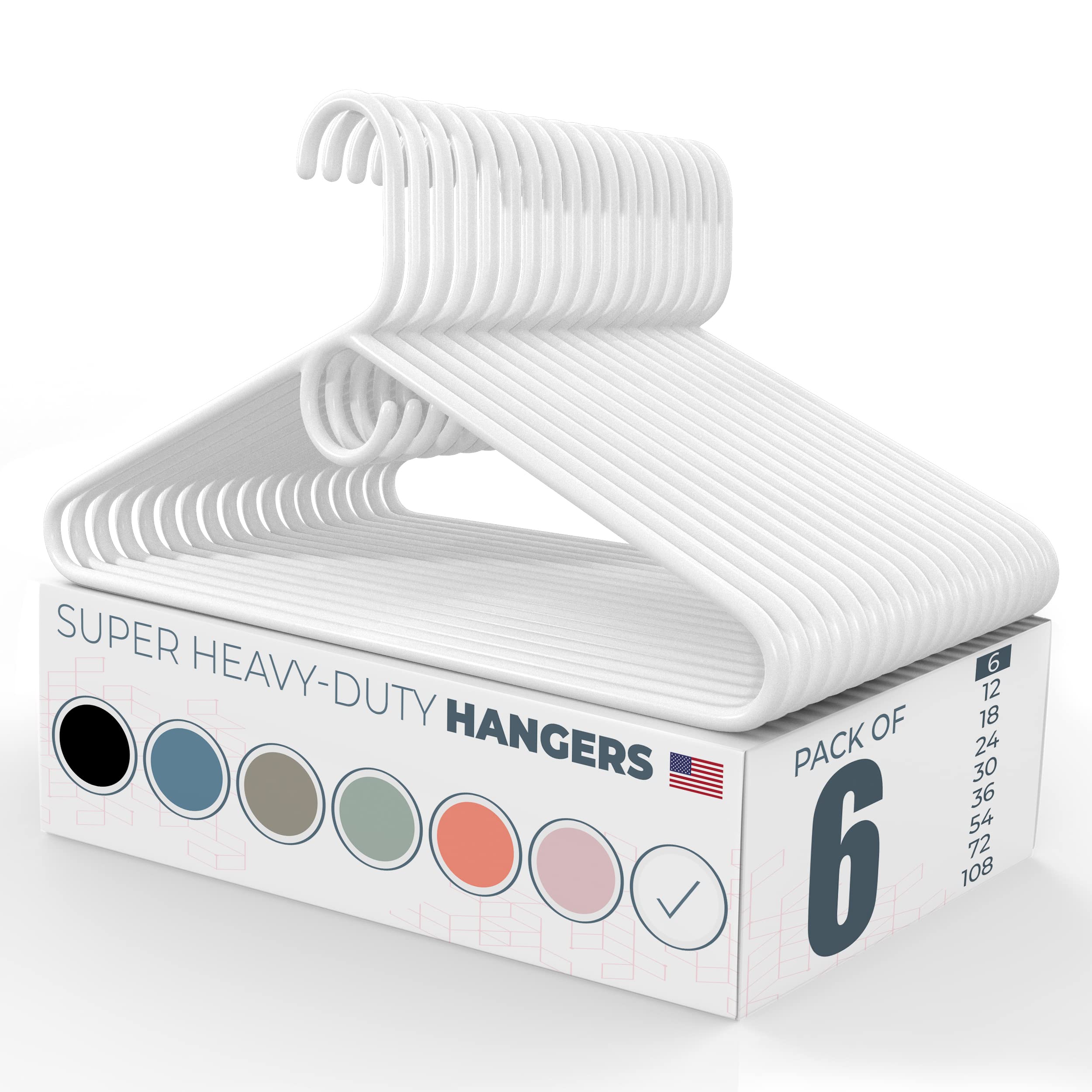 Made in USA Super Heavy Duty Plastic Clothes Hangers Bulk, 20 30 50 100 Pack Available, Strong Plastic Hangers, Plastic Coat Hangers, Plastic Hanger for Closet and Clothing Hangars (06pk White)