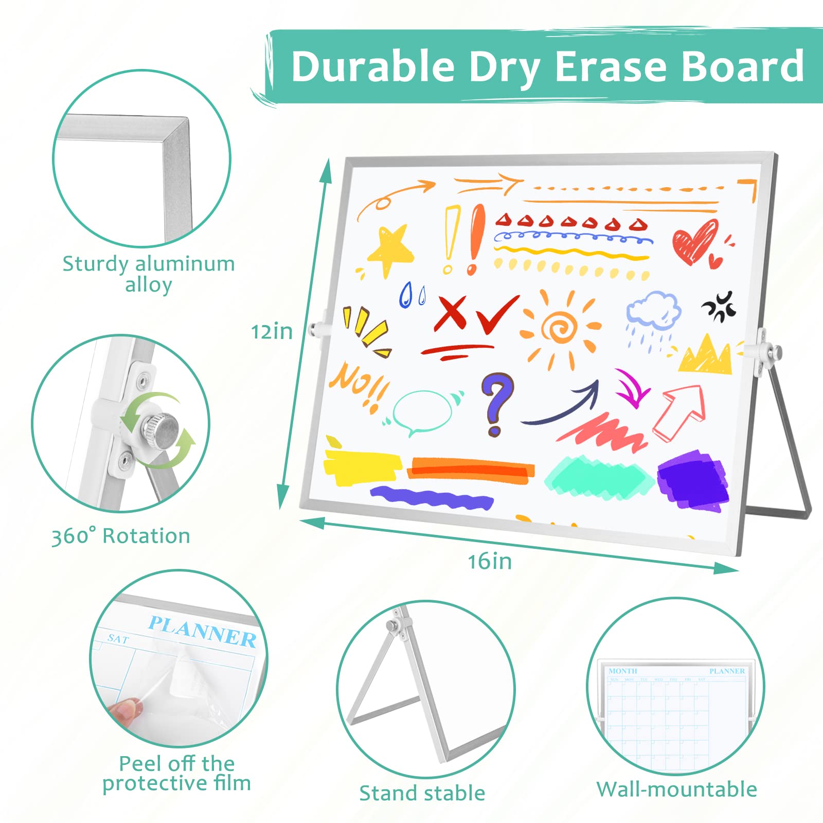 White Board, Jorking Dry Erase Calendar 16”x12” Magnetic Desktop Whiteboard with Stand, Monthly whiteboard for Wall Portable Double-Sided Dry Erase Board for Kitchen, Office, School, Gift idea, Silver