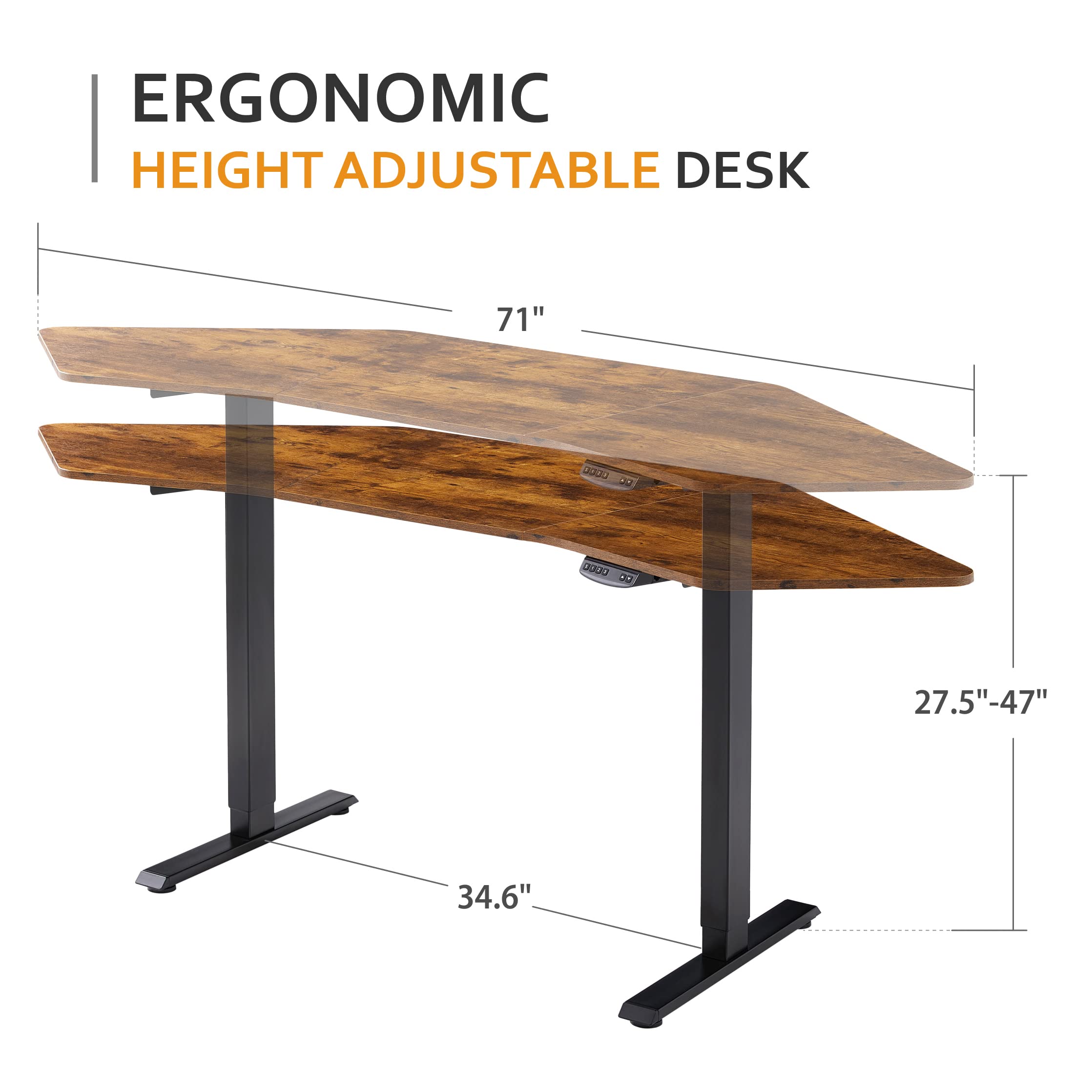 Utureal 71 Inch Electric Standing Desk Dual Motor, Wing Shaped Height Adjustable Corner Desk for Home Office, Ergonomic Stand Up Desk with 3 Memory Presets, Brown Top Black Frame Sit Stand Workstation