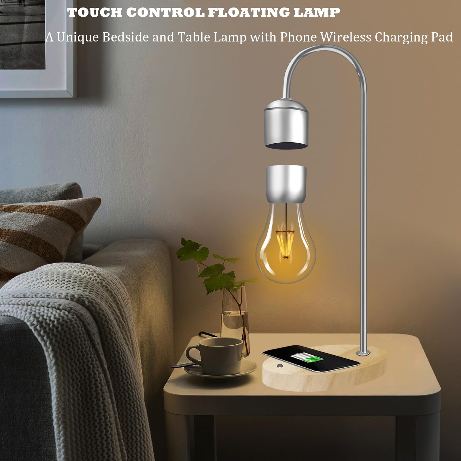Levitating Light Bulb Floating Lamp Magnetic Levitation Anti-gravity LED Night Lights Cool Lamps for Bedrooms Decor Unique Desk Toys Office Gifts Home Decorations with Wireless Charger (Apple/Android)