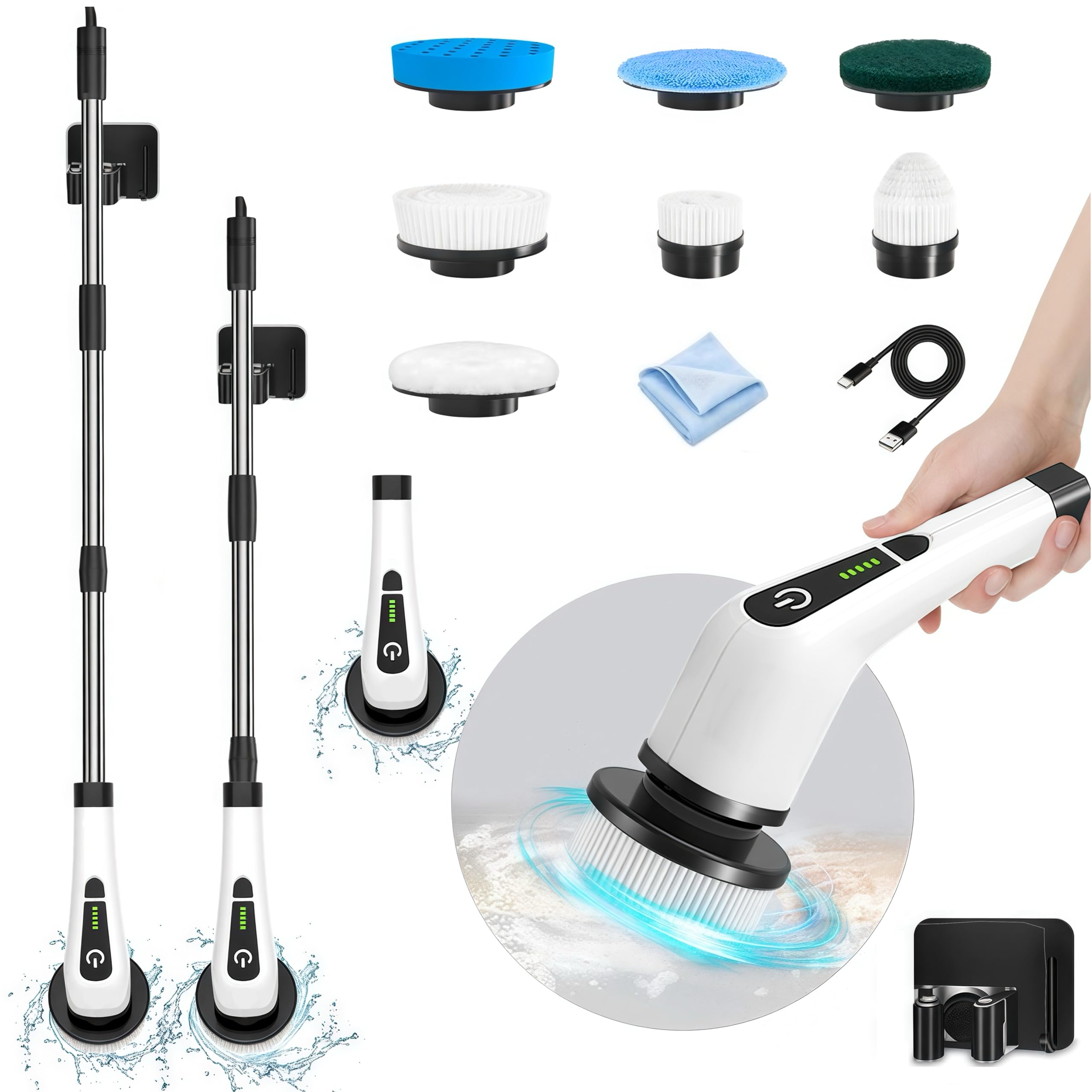Electric Spin Scrubber, LOSUY Cordless Cleaning Brush with 7 Replaceable Drill Brush Heads and 54 Inch Adjustable Extension Arm, Power Shower Scrubber for Bathroom, Kitchen, Floor, Tile, Tub