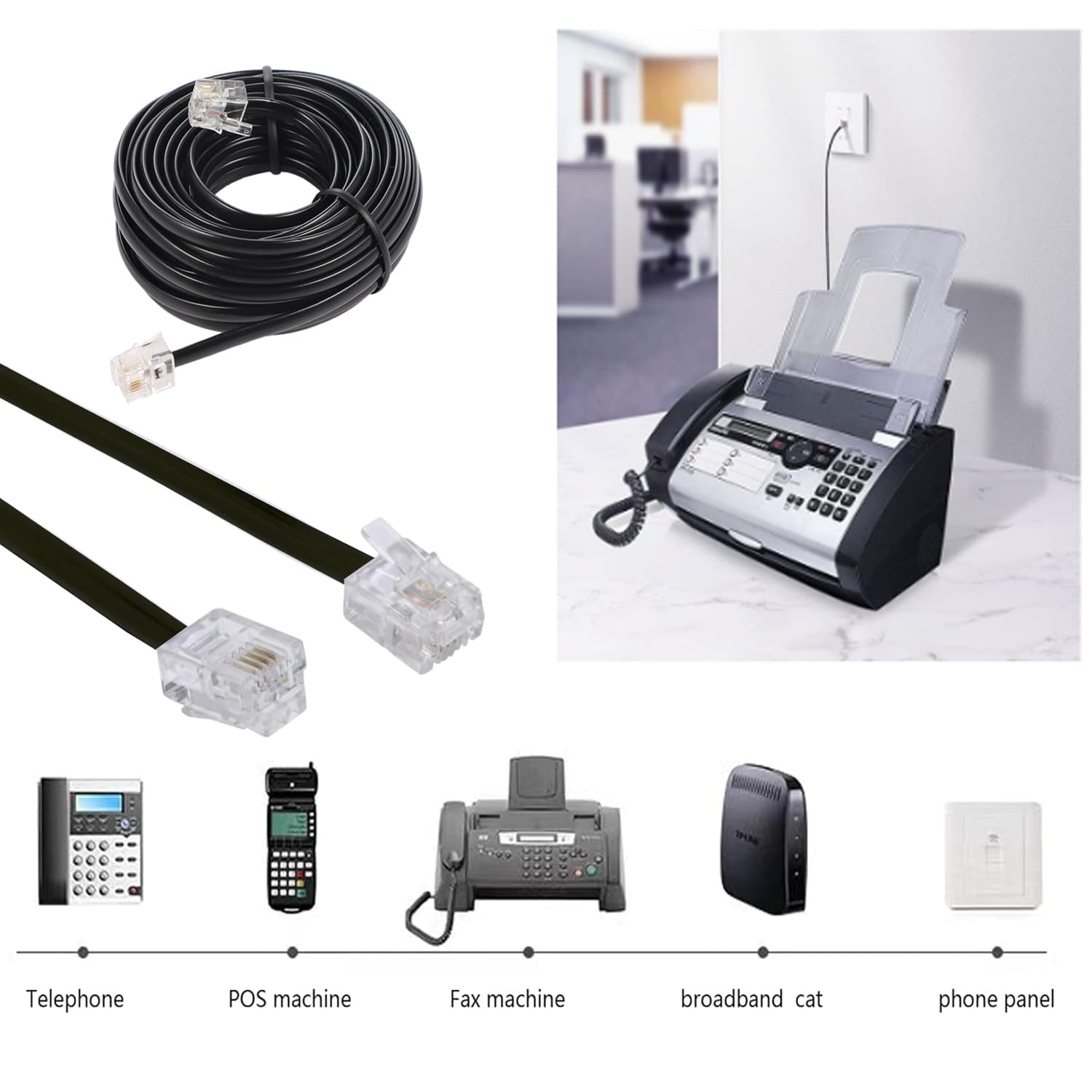 20Feet Long Telephone Extension Cord Phone Cable Line Wire, with Standard RJ11 Plug and 1 in-Line Couplers and 10 Cable Clip Holders-Black (20 Feet)