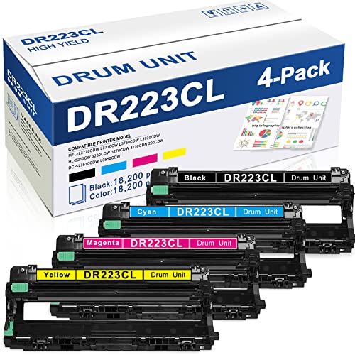 DR223CL Drum Unit Set(4, Pack 1Black 1Cyan 1Magenta 1Yellow) VAENK Compatible Replacement for Brother DR223CL Drum MFC-L3770CDW MFC-L3750CDW HL-3210CW HL-3230CDW HL-3270CDW HL-3290CDW Printer