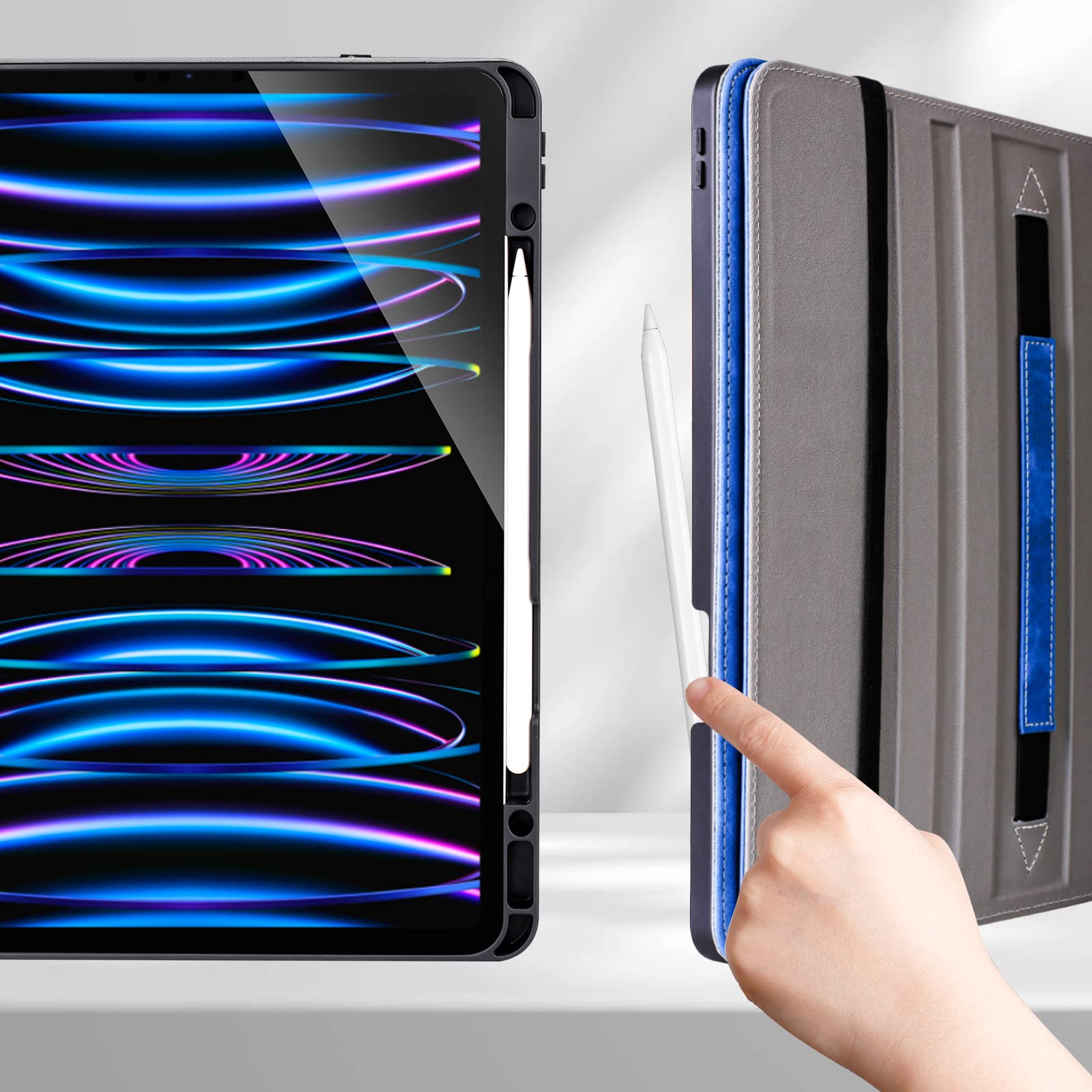 HFcoupe 12.9 inch iPad Case Pro 6th / 5th Generation, iPad Pro Cover with Pencil Holder and Pocket, Multiple Angles Viewing Folio with Auto Sleep/Wake Fits iPad 12.9 Pro 2022/2021, Light Blue