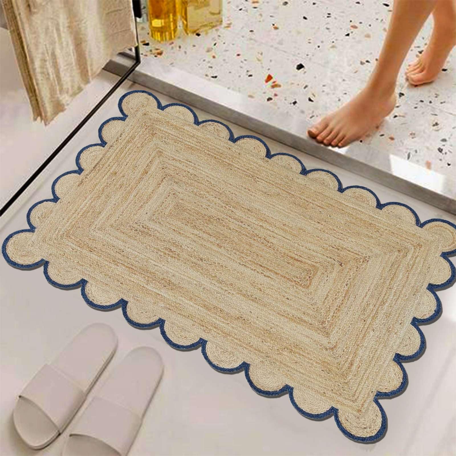 KALVEERA Boho Jute Area Rug for Home decore Rectangular Scalloped Vintage Jute Area Rug Carpet Navy 11' x 14'