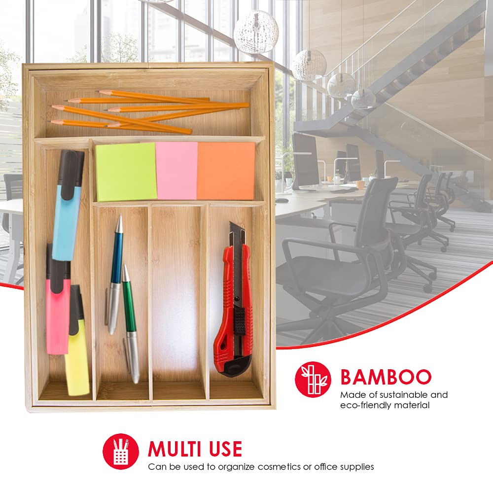 Home Basics Expandable Bamboo Utility Drawer Organizer with 8 Compartments Utensil Cutlery Tray, Adjustable Kitchen Divider for Craft, Sewing, Office, Bathroom, Kitchen