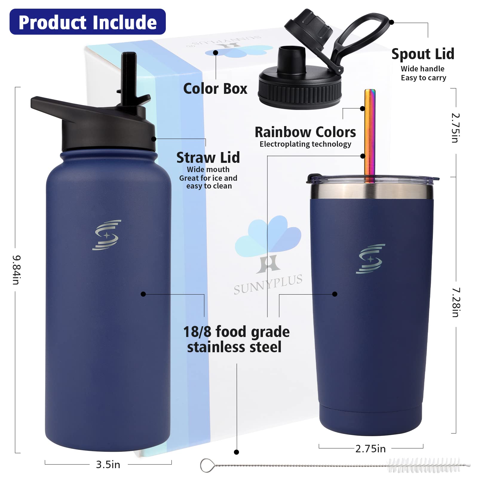 SUNNYPLUS 32oz&20oz Insulated Water Bottles,Bottle with Straw (2Lids),Travel Mug Tumbler with Straw and Lid,Leak Proof,Vacuum Double Walled Stainless Steel,Sports Bottle Keep Cold and Hot (Navy Blue)