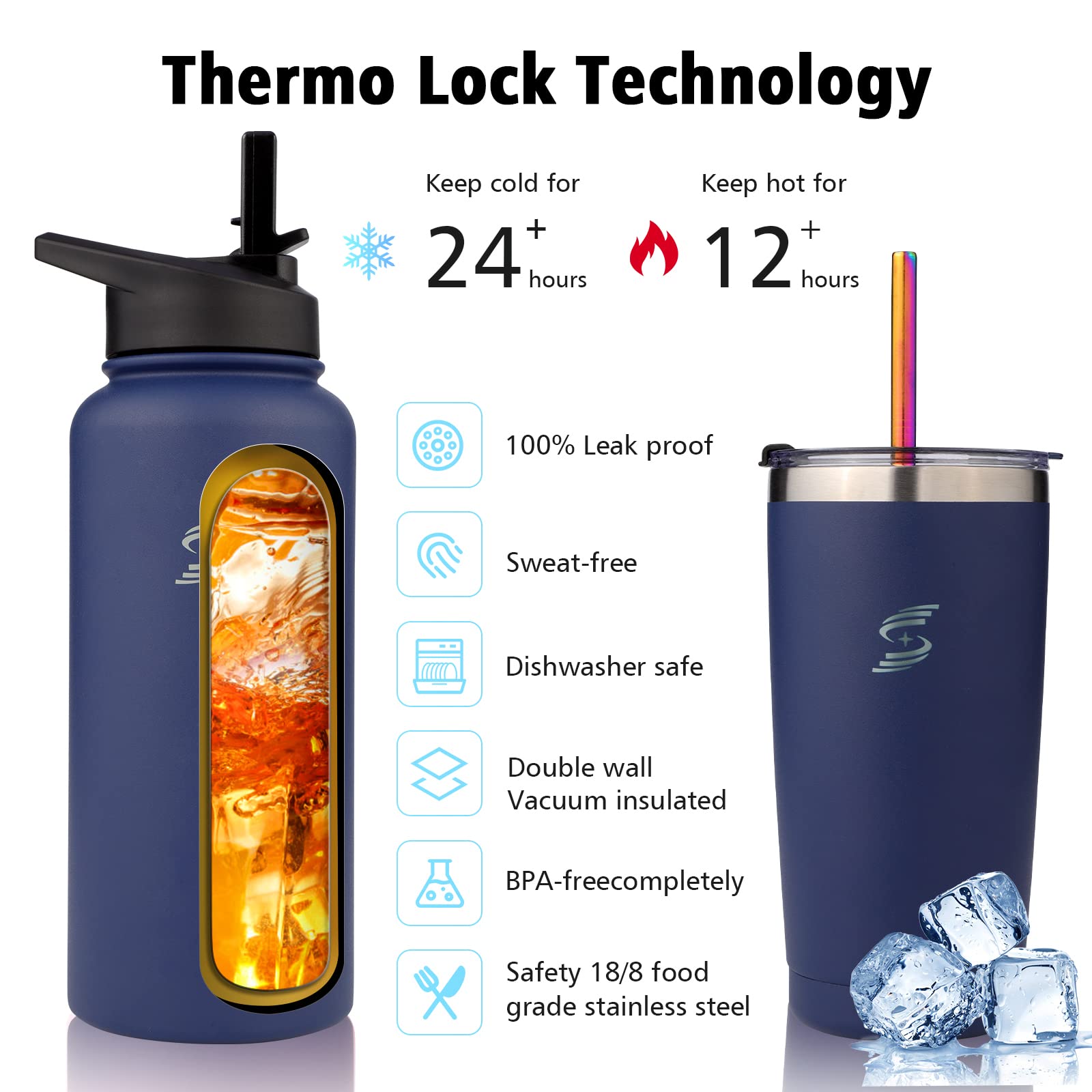 SUNNYPLUS 32oz&20oz Insulated Water Bottles,Bottle with Straw (2Lids),Travel Mug Tumbler with Straw and Lid,Leak Proof,Vacuum Double Walled Stainless Steel,Sports Bottle Keep Cold and Hot (Navy Blue)