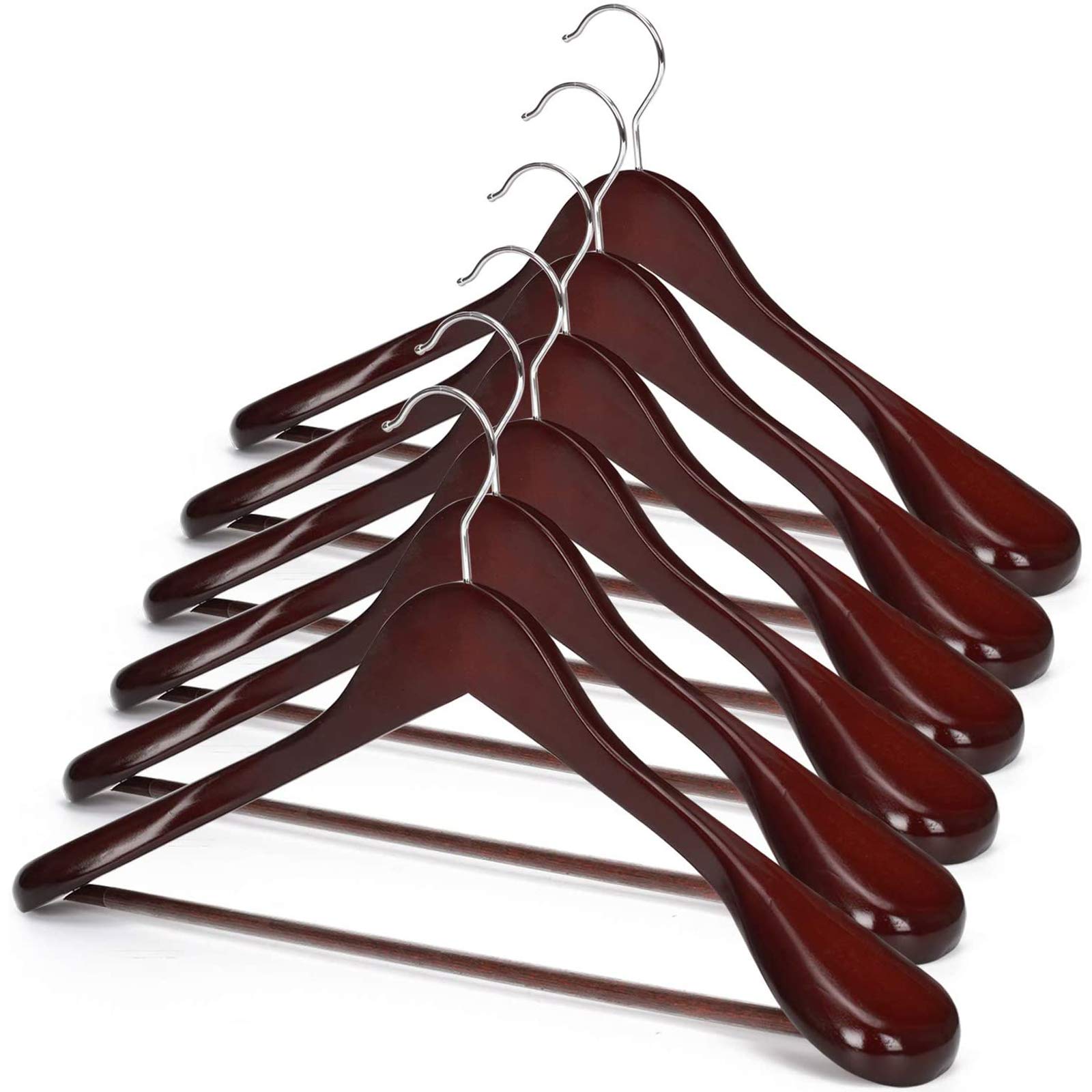 JS HANGER Wooden Extra-Wide Shoulder Suit Hangers for Coat and Pants, Walnut Finish, 6-Pack